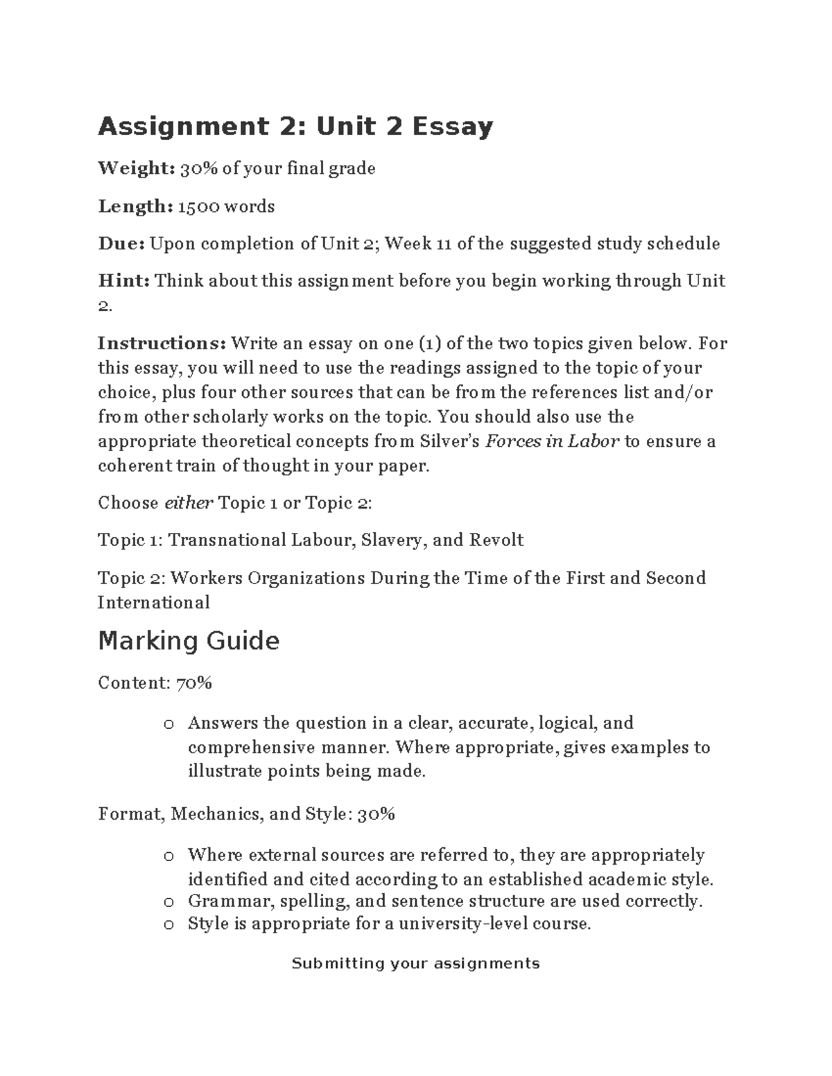 Assign 2 requirments - Assignment 2: Unit 2 Essay Weight: 30% of your ...
