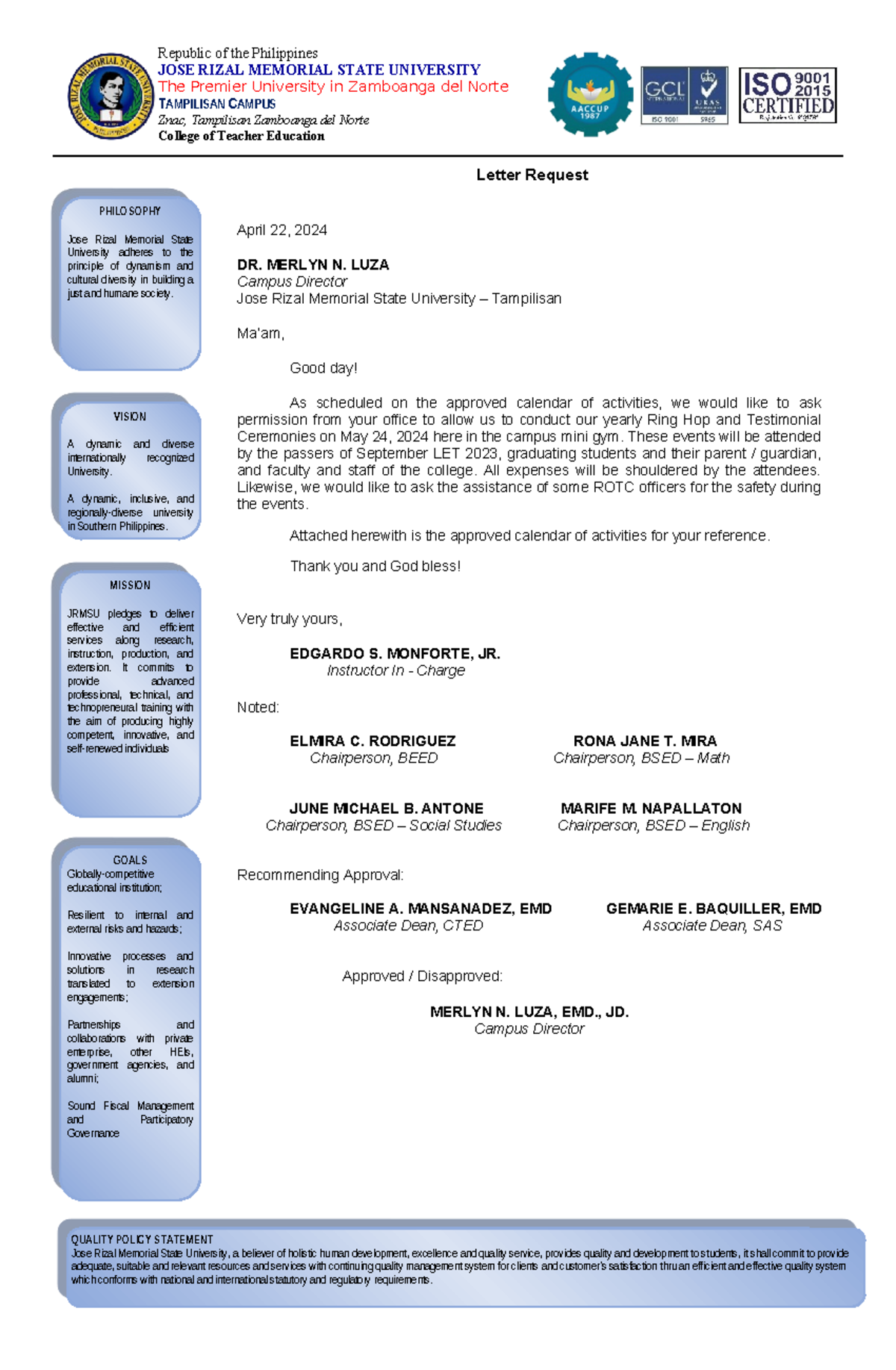 Ring hop and Testimonial Ceremonies - MISSION JRMSU pledges to deliver ...
