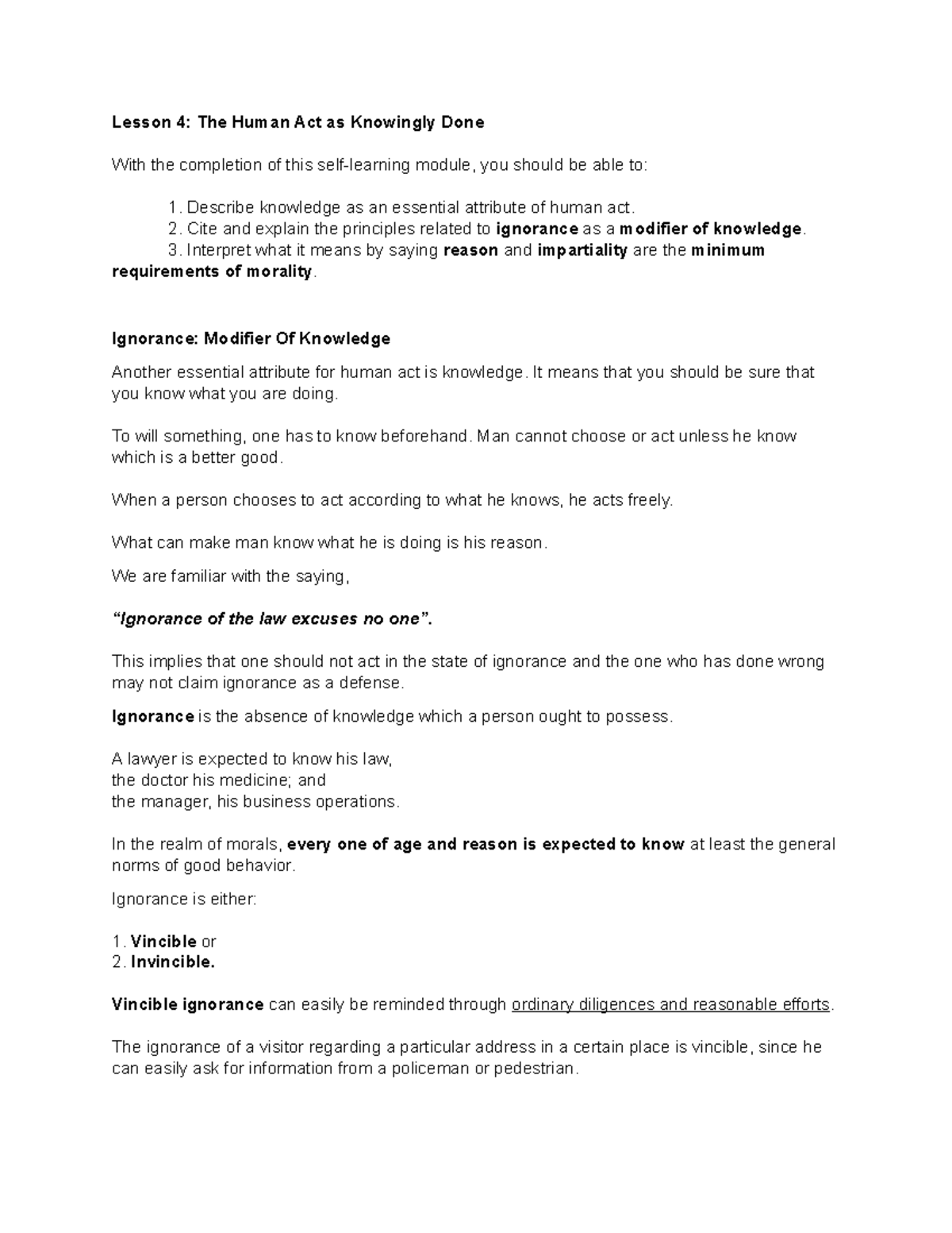 Ethics - Lesson 4: The Human Act as Knowingly Done With the completion ...