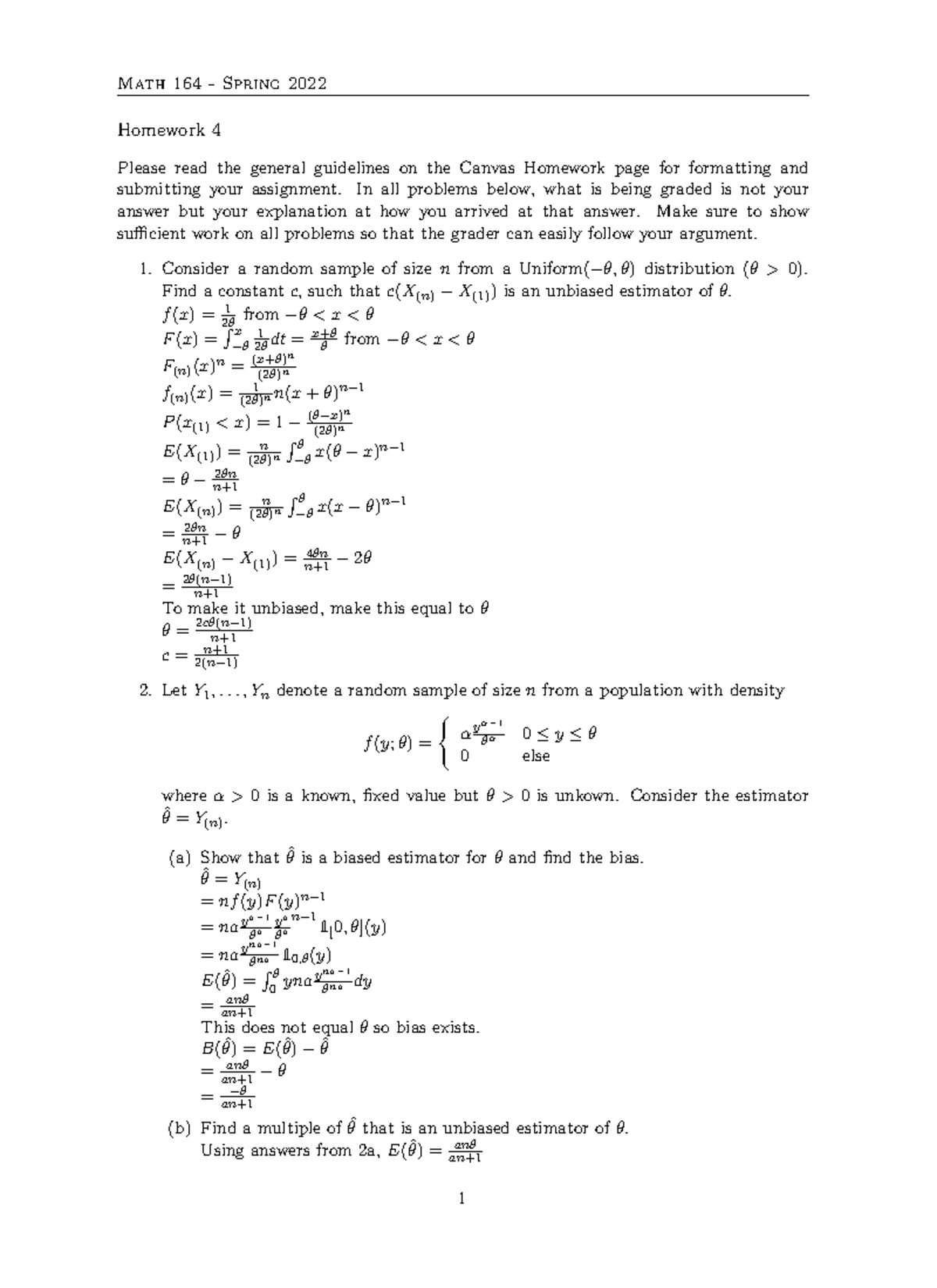 164Homework 04 - Assignment - Math 164 - Spring 2022 Homework 4 Please read the general ...