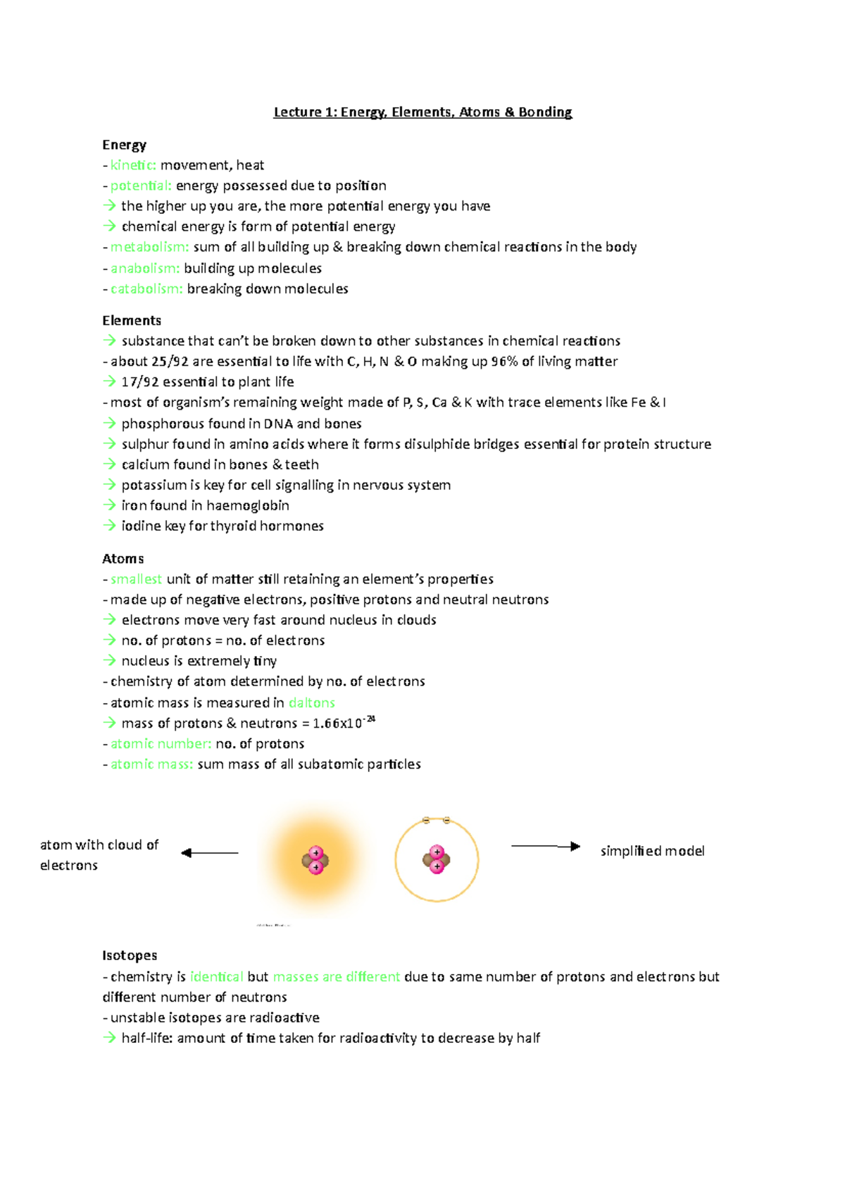 Notes; molecules of life - Lecture 1: Energy, Elements, Atoms & Bonding ...