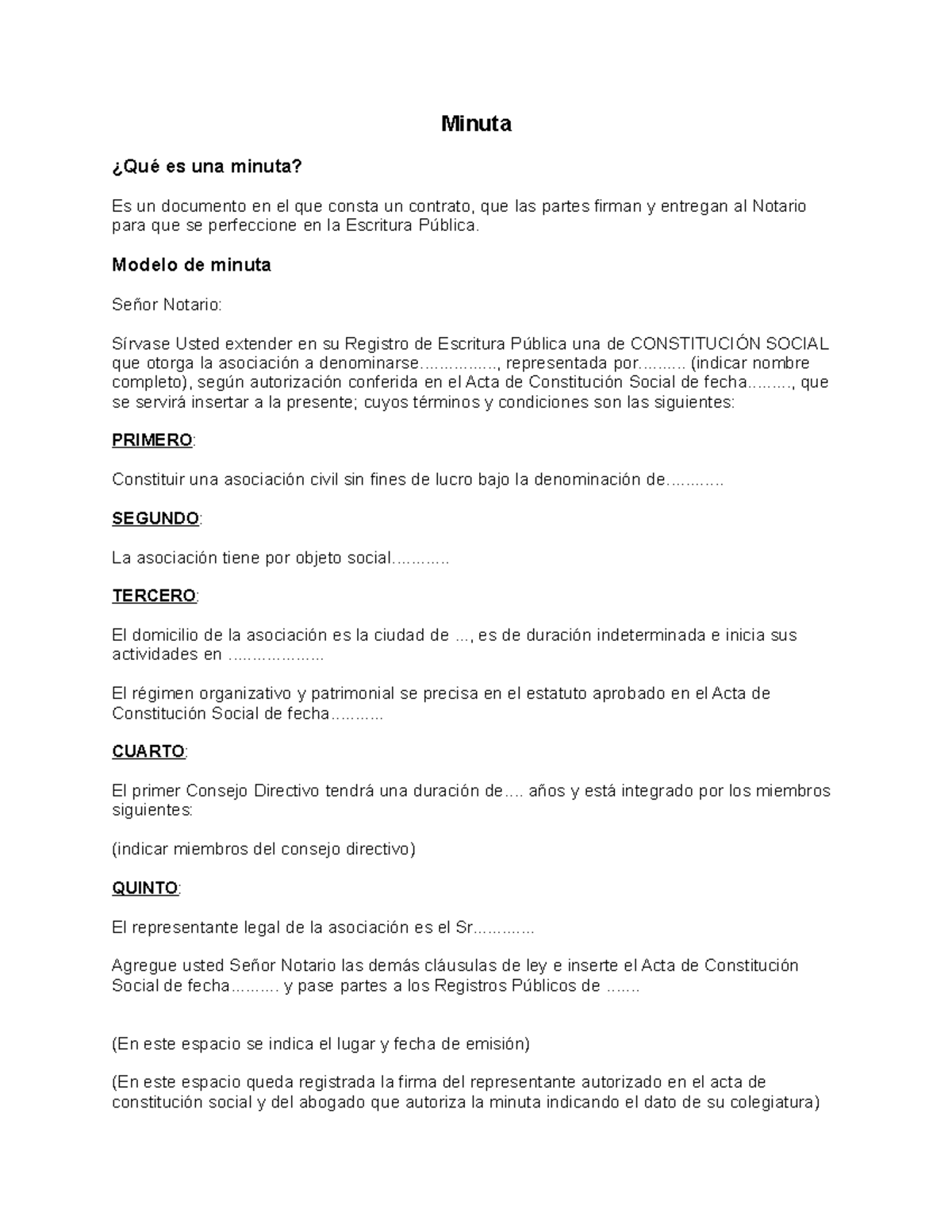 Minuta - nimuta de asociación - Minuta ¿Qué es una minuta? Es un ...