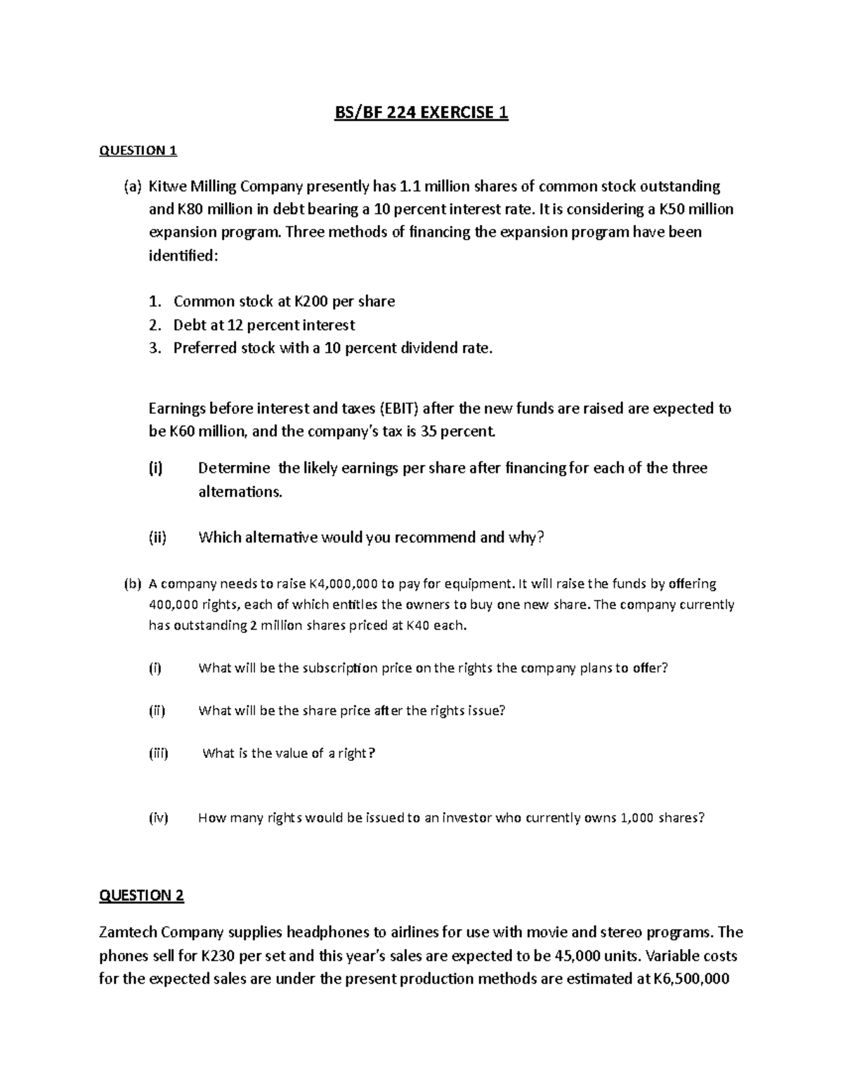 224 EXER 1 OF 2016 - Exercise - BS/BF 224 EXERCISE 1 QUESTION 1 (a ...