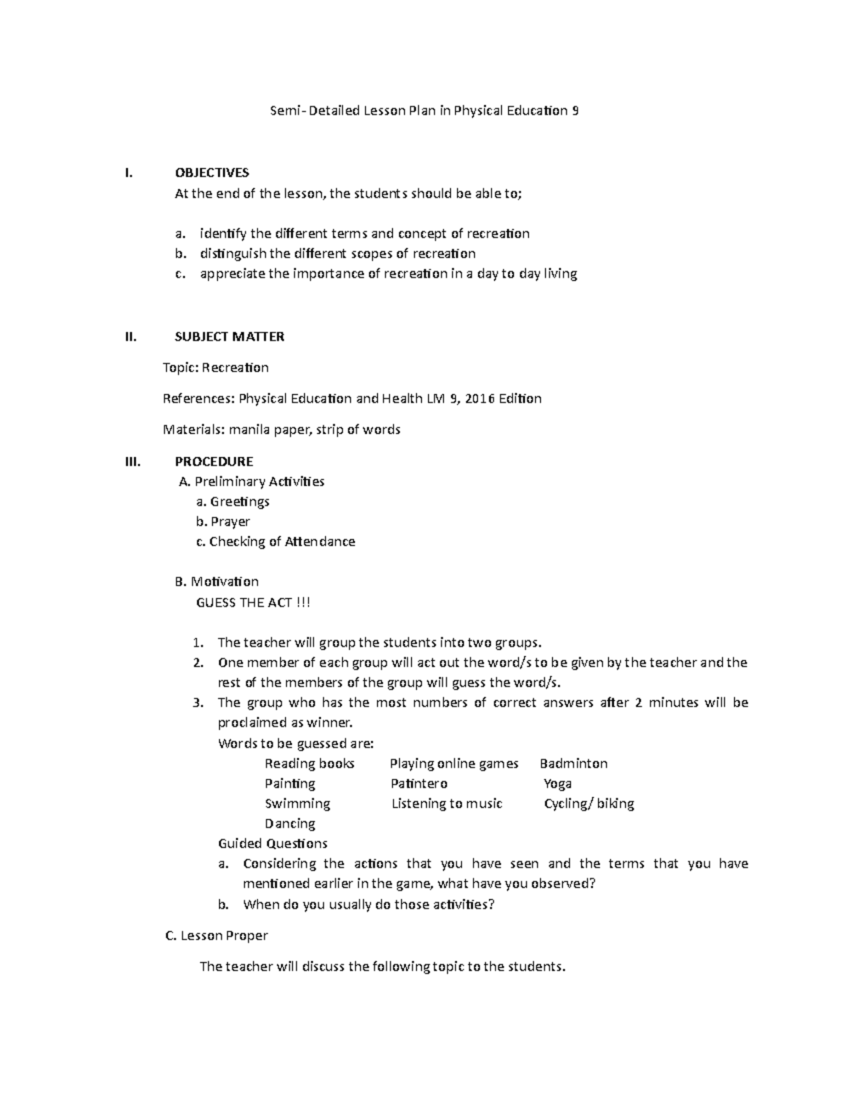 Lesson plan in P.E. Recreation - Semi- Detailed Lesson Plan in Physical ...