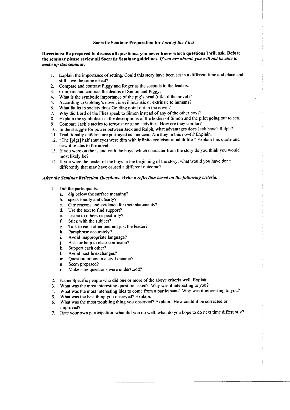 Lord of the Flies Socratic Preparation Handout 5 - Studocu