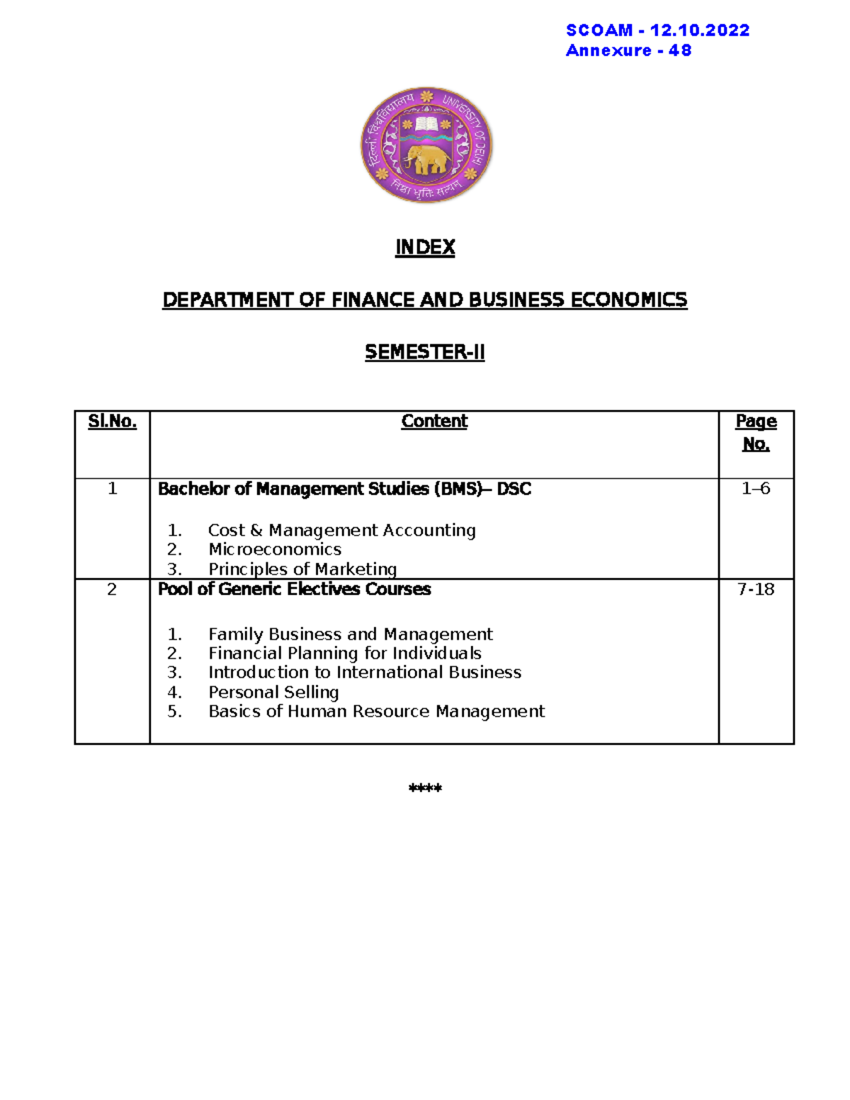 BMS-Management Syllabus - ####### INDEX ####### DEPARTMENT OF FINANCE ...