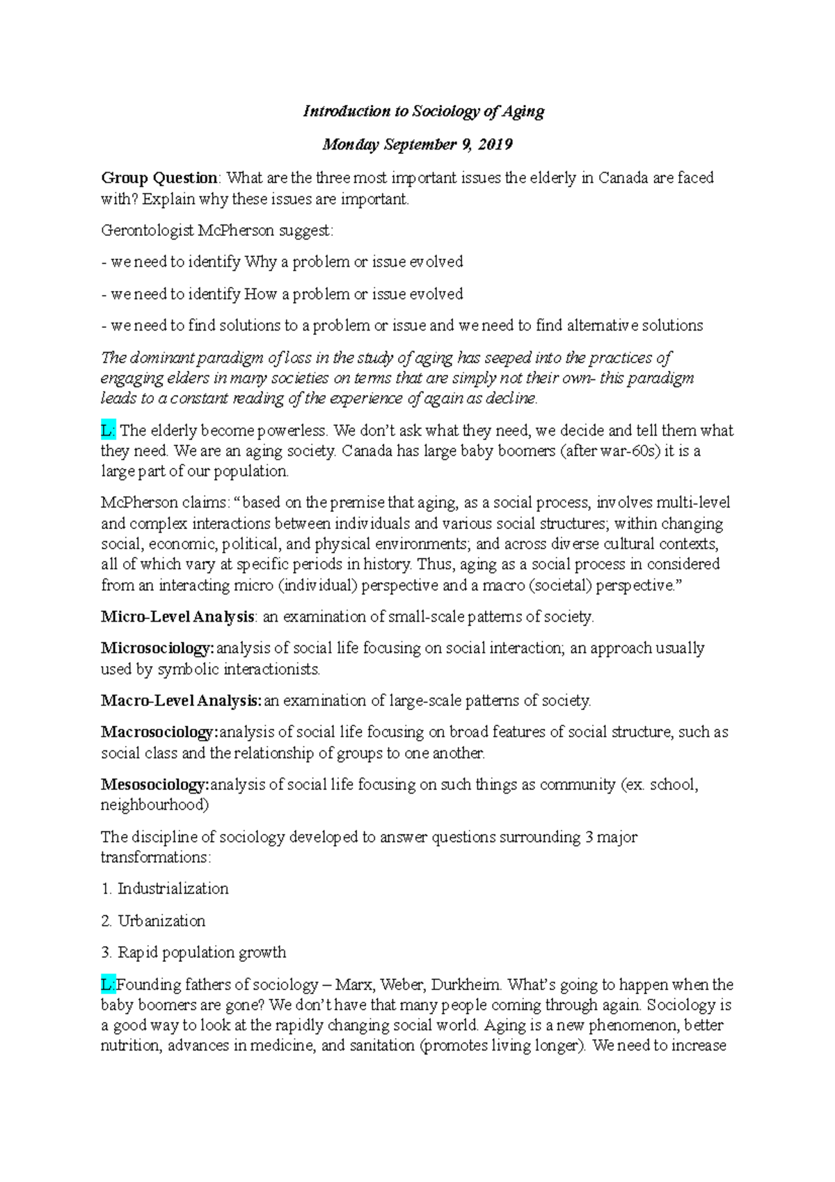 Sociology of Aging Full Year Lecture Notes and Practice Exam/ Midterm ...