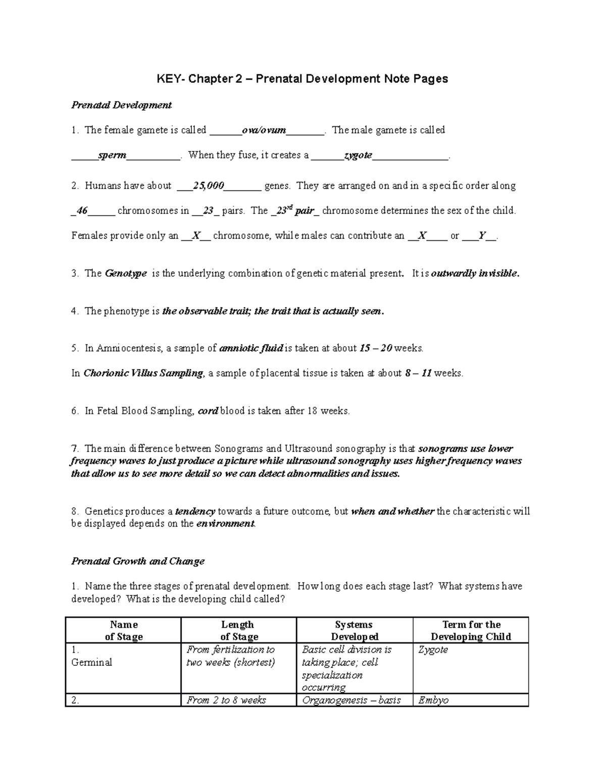 KEY Week 4 Chapter 2 - Prenatal Development Note Pages - KEY- Chapter 2 ...