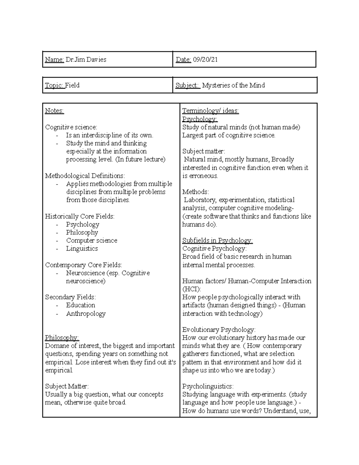 Fields - organized notes - Name: Dr Davies Date: 09/20/ Topic: Field ...