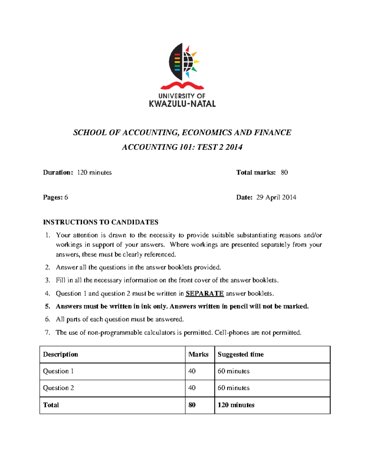 2014 Test 2 Question paper - SCHOOL OF ACCOUNTING, ECONOMICS AND ...