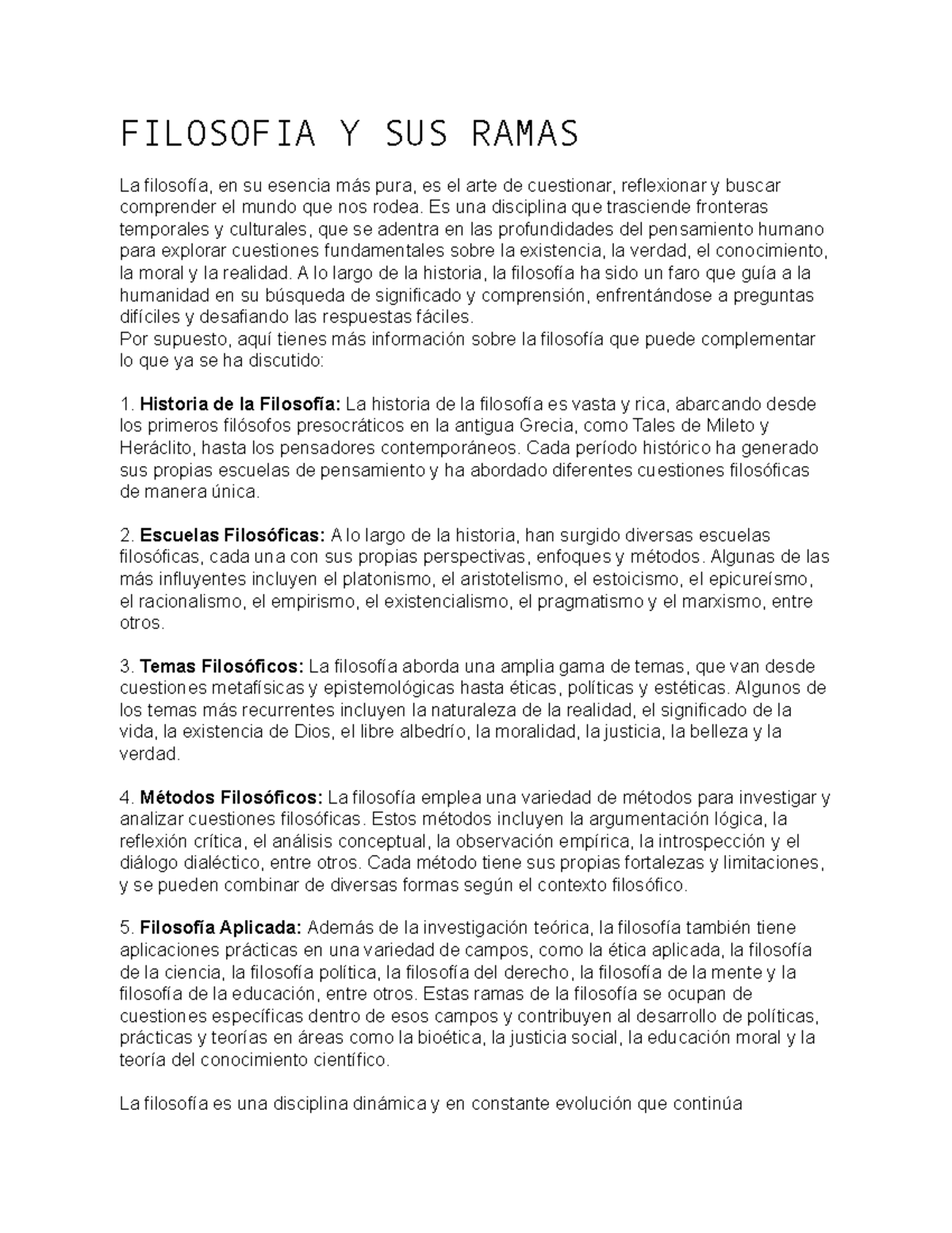 Ensayo filosofia - FILOSOFIA Y SUS RAMAS La filosofía, en su esencia ...