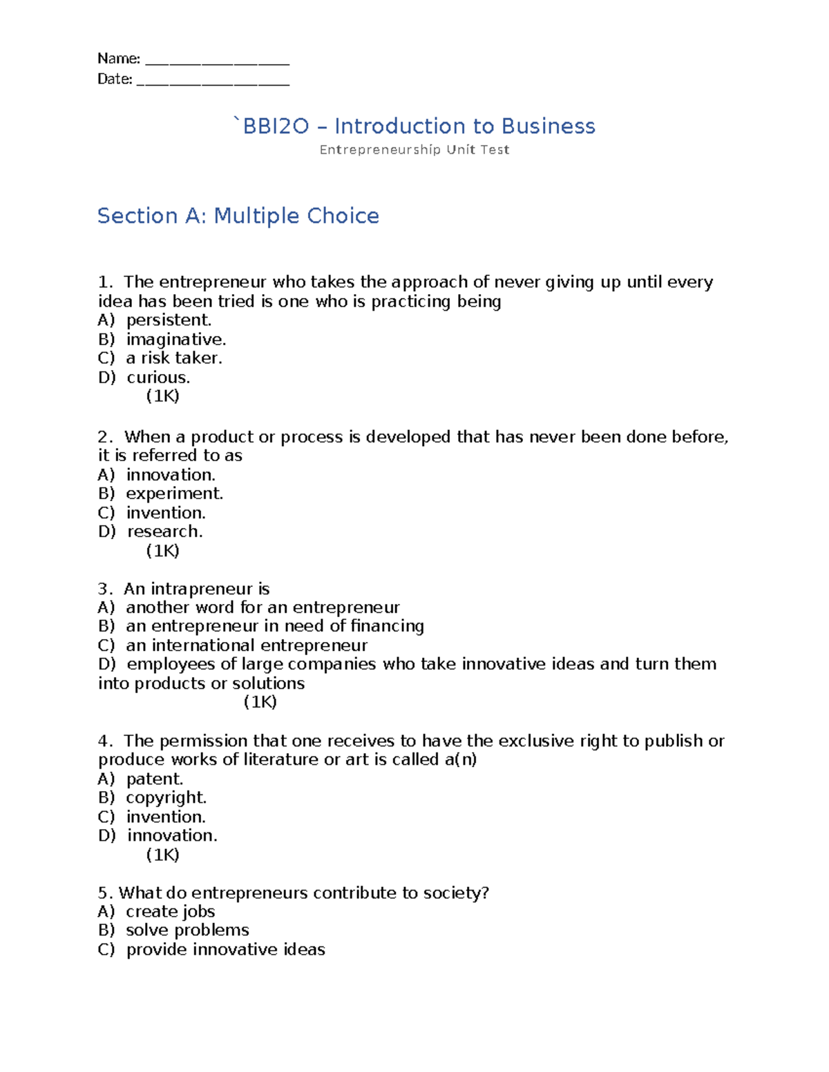 Entrepreneur Unit Test 2019 (V2) ONLINE - Date ...