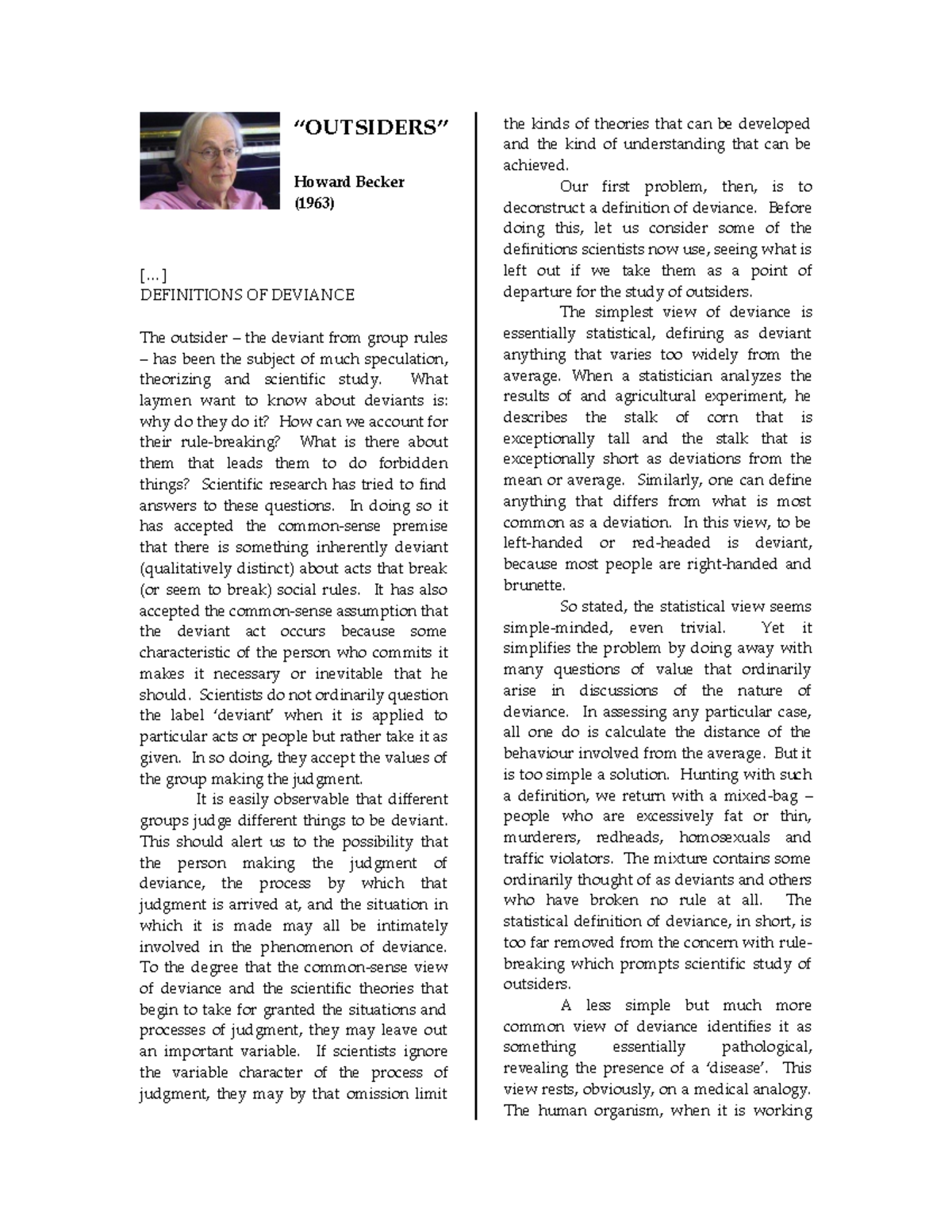 Becker - Outsiders psych 213 - “OUTSIDERS” Howard Becker (1963 ...