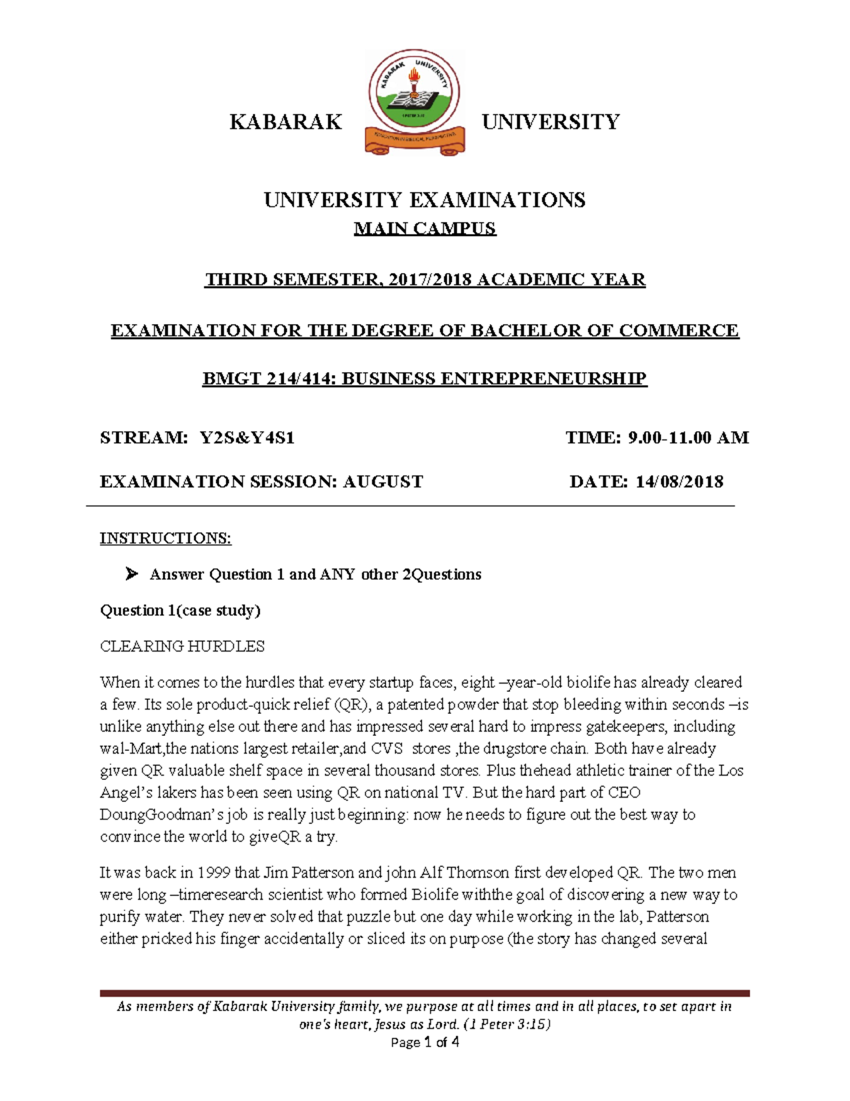 BMGT 214 414 Business Entrepreneurship - KABARAK UNIVERSITY UNIVERSITY ...