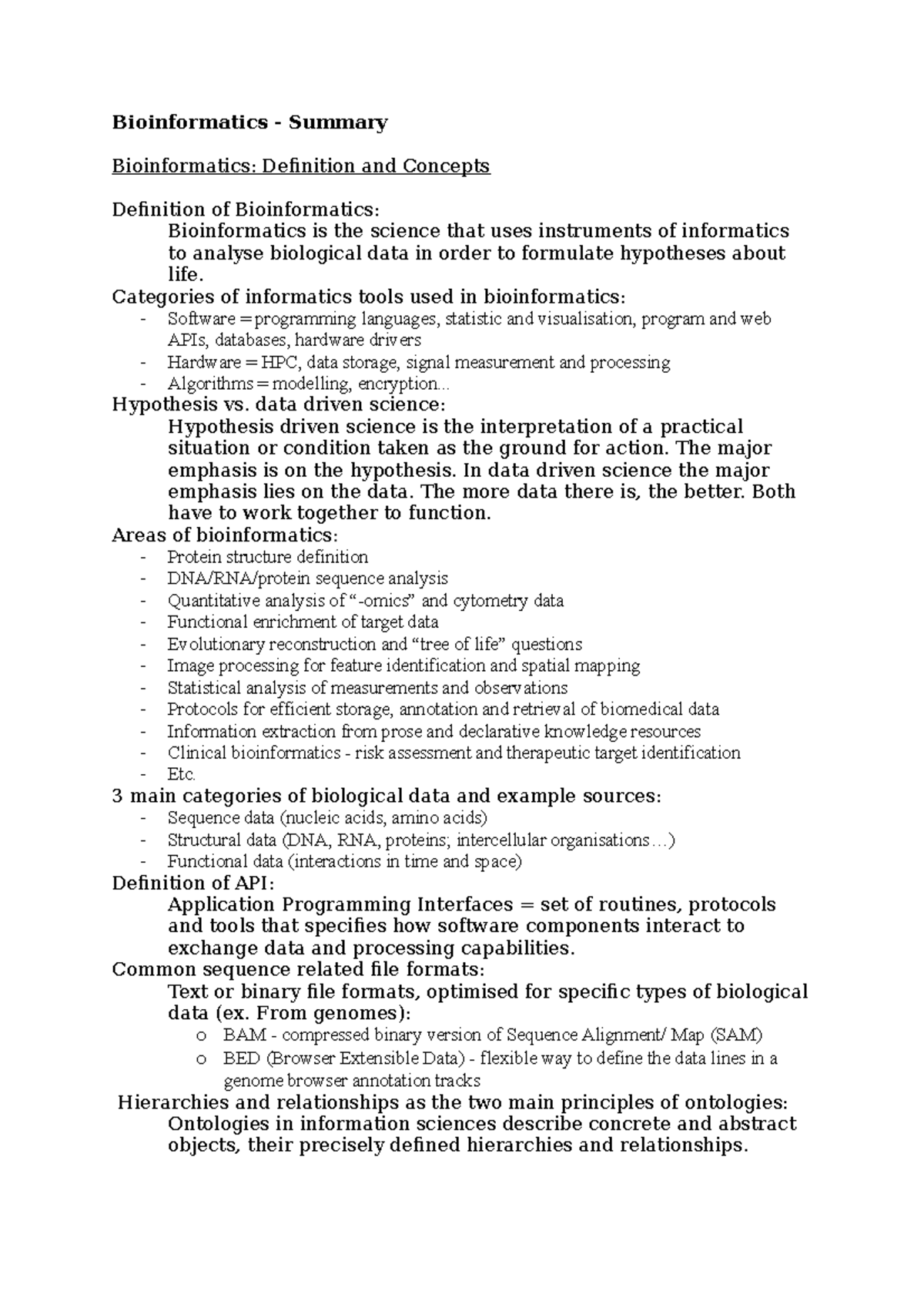 Introduction to Bioinformatics Summary - Bioinformatics Summary Bioinformatics: Definition and ...
