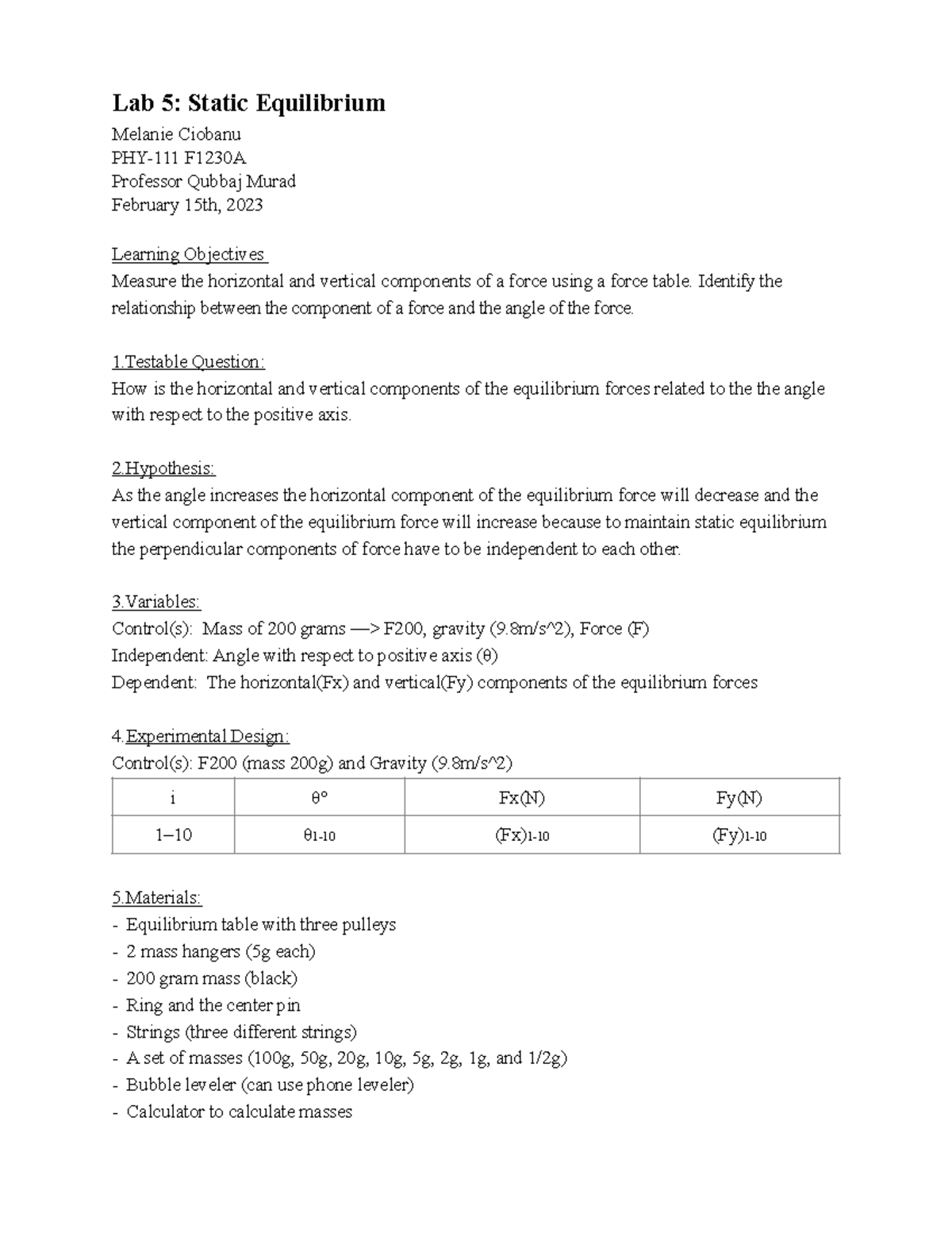 Lab 5: Static Equilibrium - Components of Equilibrium Forces - Studocu