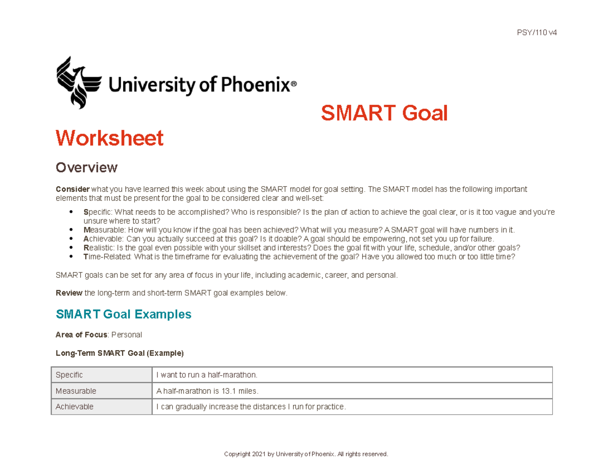 Week 3 smart goal worksheet - PSY/110 v SMART Goal Worksheet Overview ...