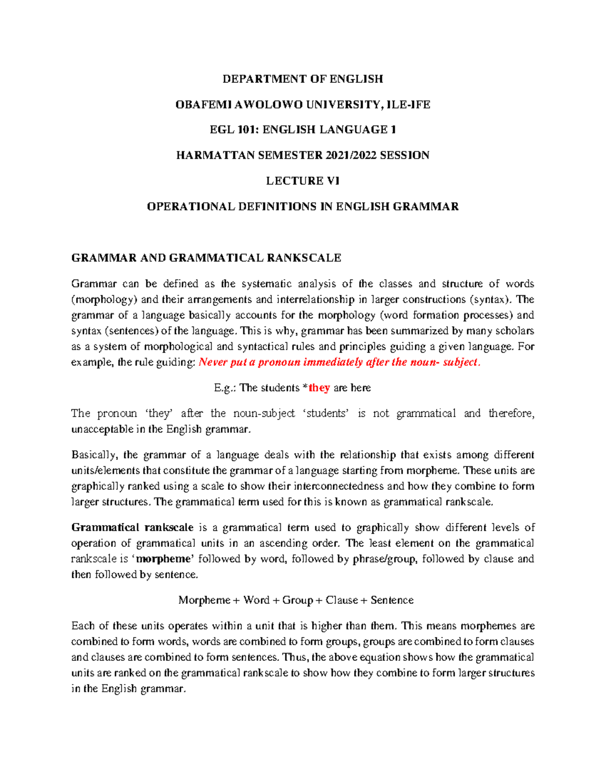 EGL 101 2022 Lecture VI - DEPARTMENT OF ENGLISH OBAFEMI AWOLOWO ...