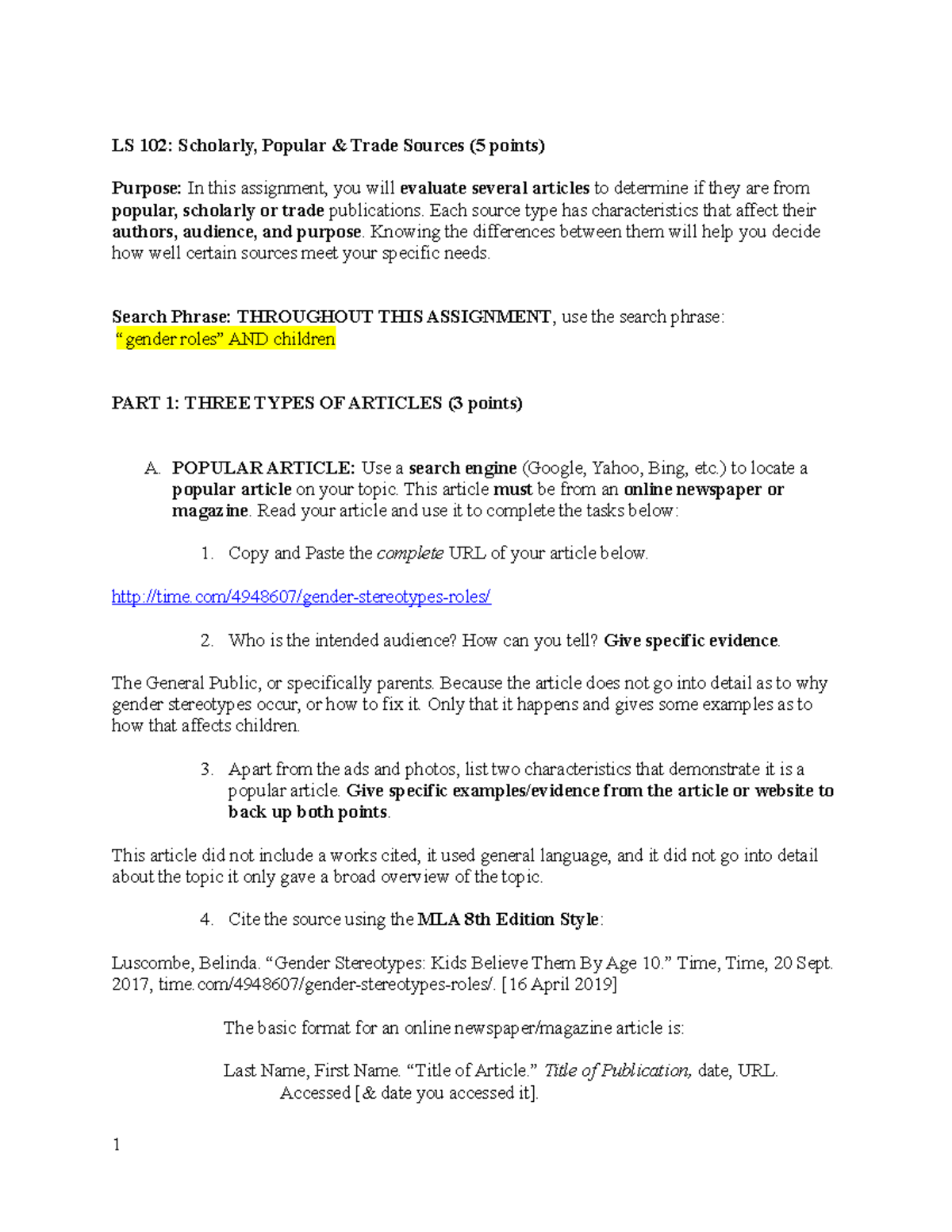 Assignment 7 LS102NT REV - LS 102: Scholarly, Popular Trade Sources (5 ...