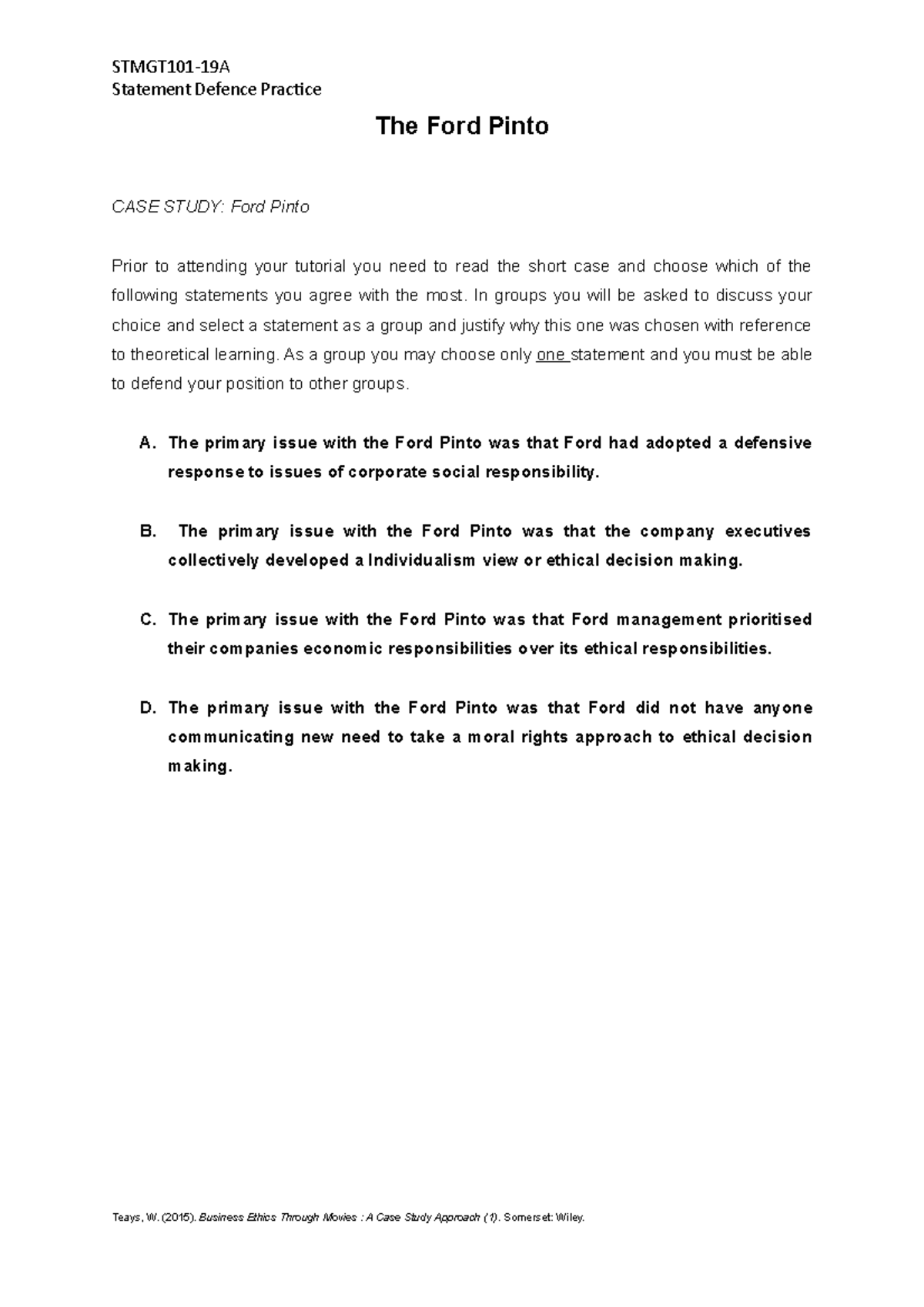 Ford Pinto Ethics CSR - here you go. - Statement Defence Practice The ...