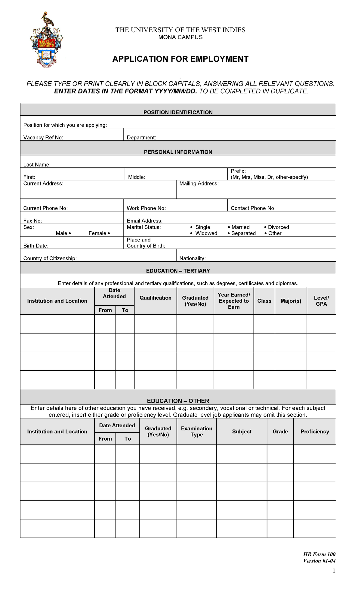 Hrmd 100 - application form -version 1-04 - THE UNIVERSITY OF THE WEST ...