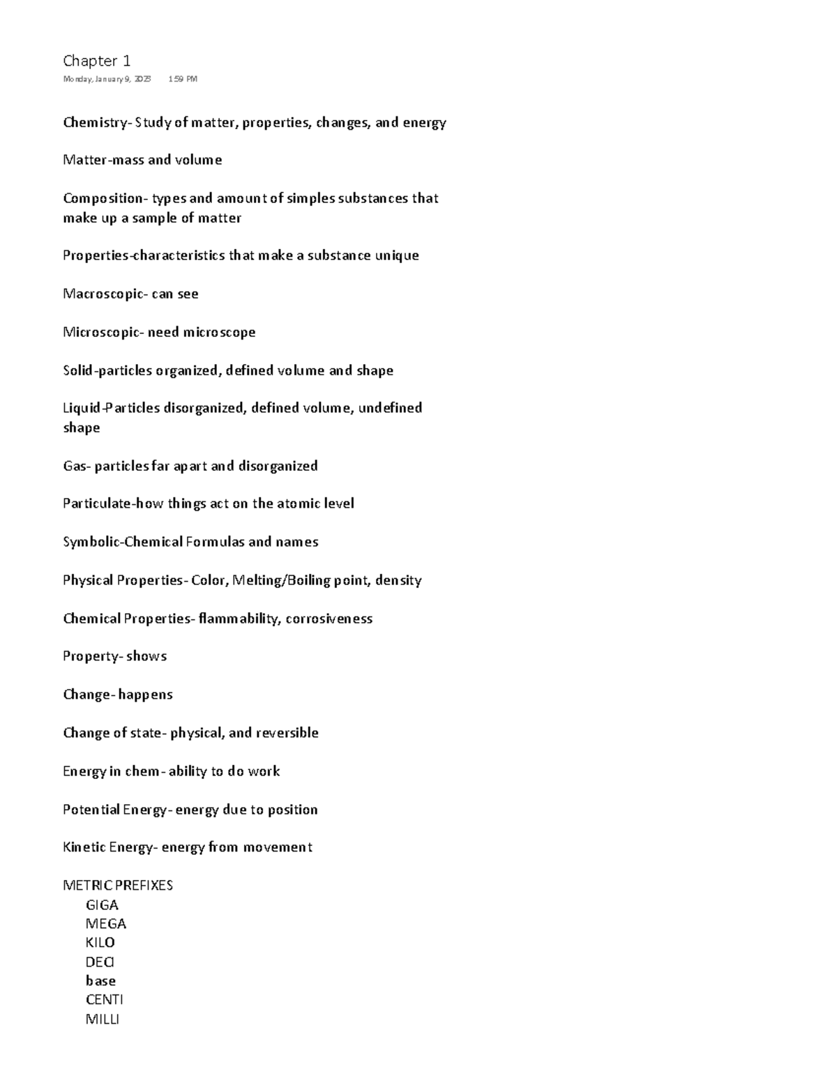Chapter 1 Chem 122 - Chemistry- Study of matter, properties, changes ...