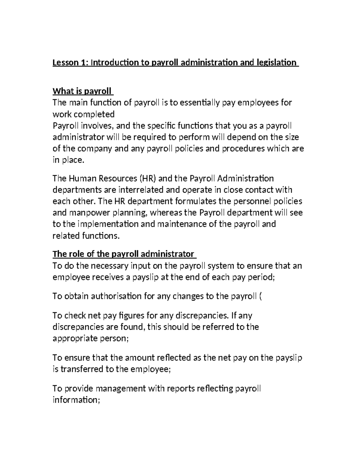 Lesson 1 - Legisaltion in payroll - Lesson 1: Introduction to payroll ...