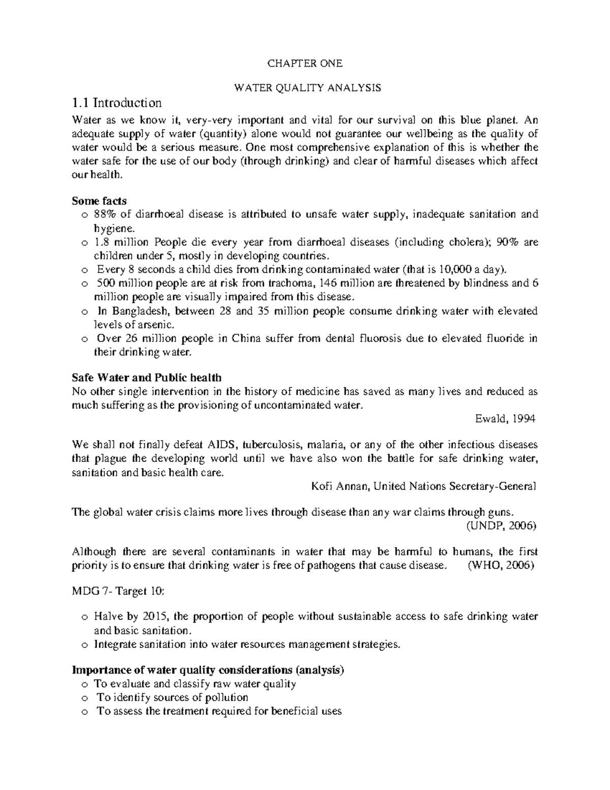 Chapter one - CHAPTER ONE WATER QUALITY ANALYSIS 1 Introduction Water ...