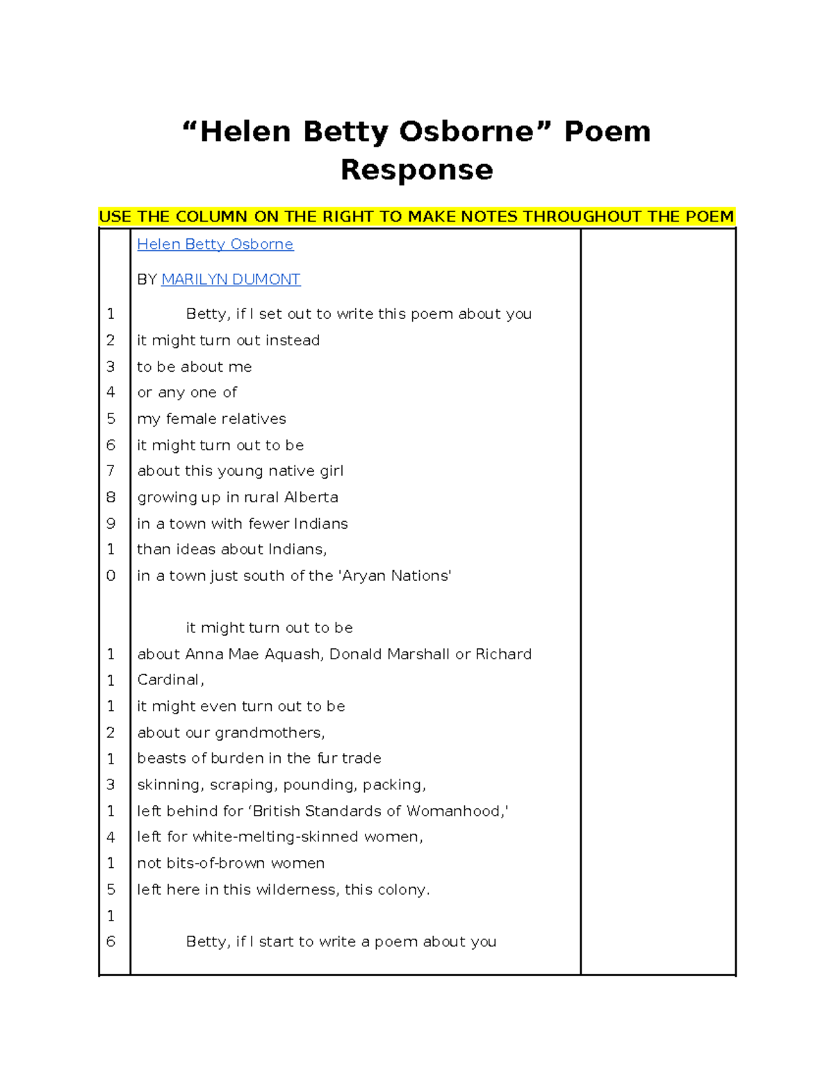 “Helen Betty Osborne” Poem Analysis Annotations - “Helen Betty Osborne ...