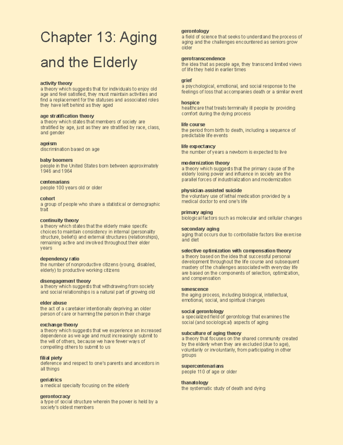 Ch 13 Key Terms - Chapter 13: Aging and the Elderly vocab - Chapter 13 ...