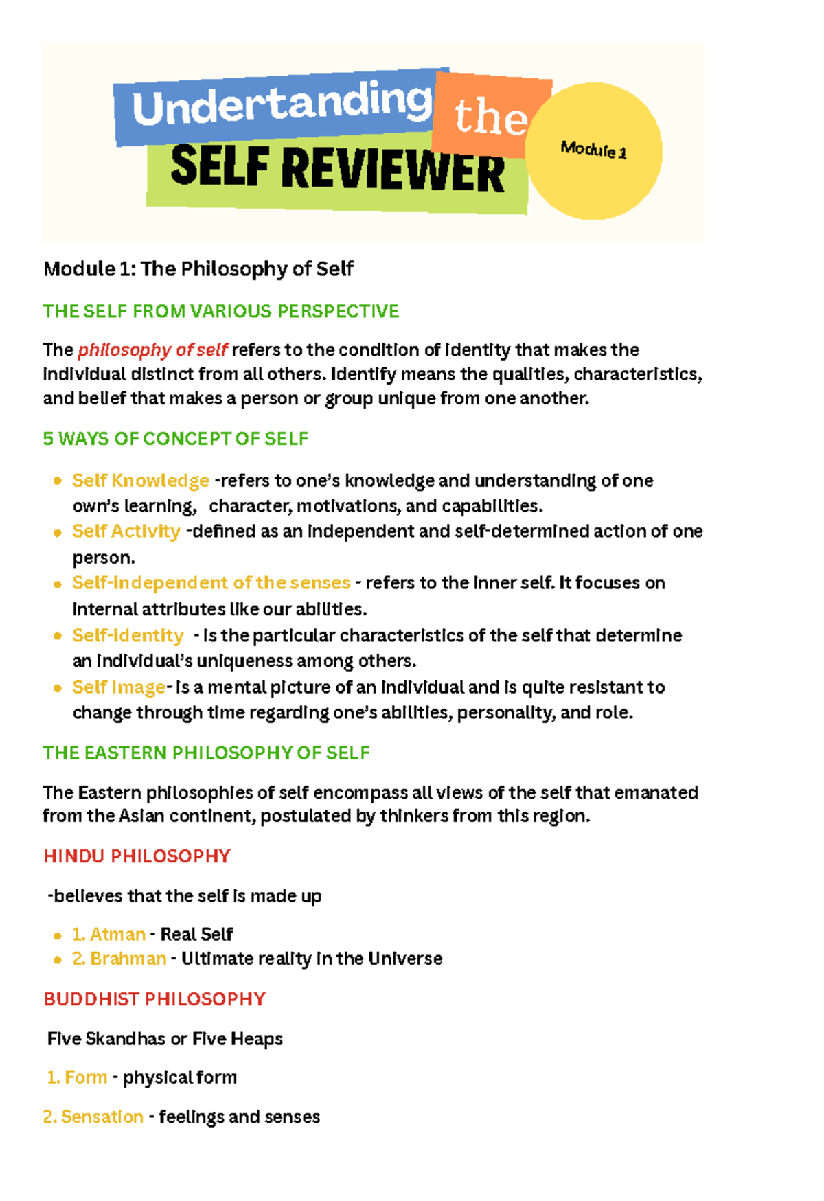 UTS Reviewer Module 1 - Nothing - Module 1: The Philosophy of Self THE SELF FROM VARIOUS ...