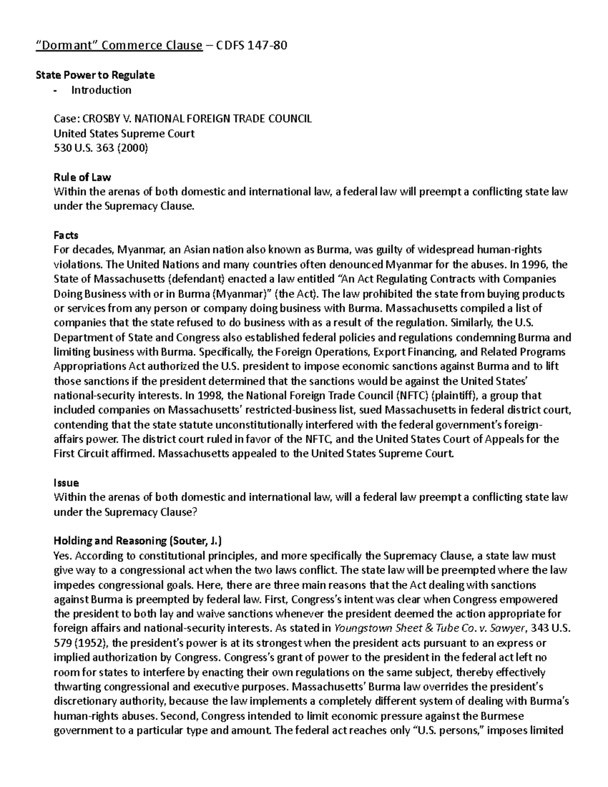 Class 14+15 - “Dormant” Commerce Clause – CDFS 147- State Power to Regulate - Introduction Case ...