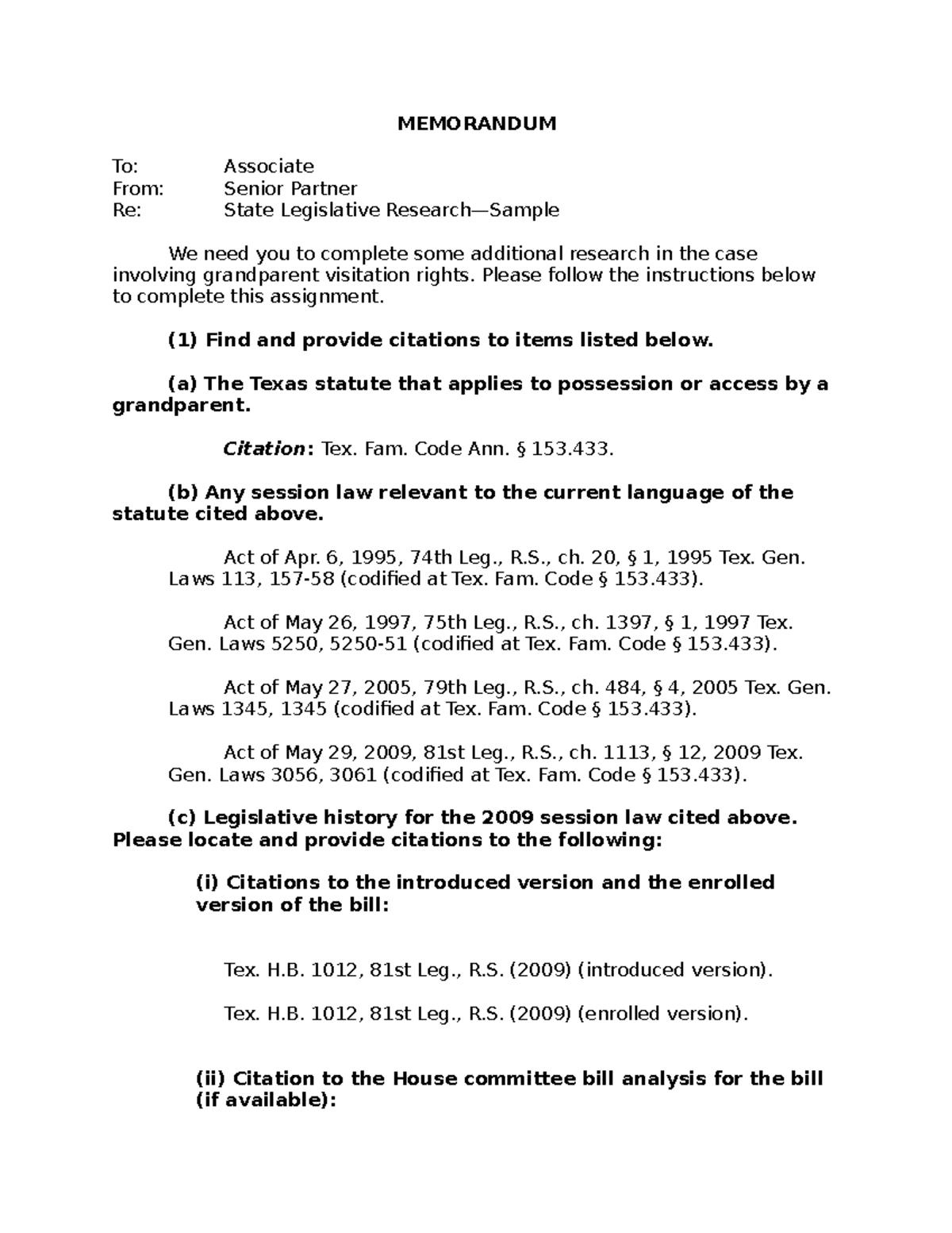 Sample State Legislation (1) - MEMORANDUM To: Associate From: Senior ...