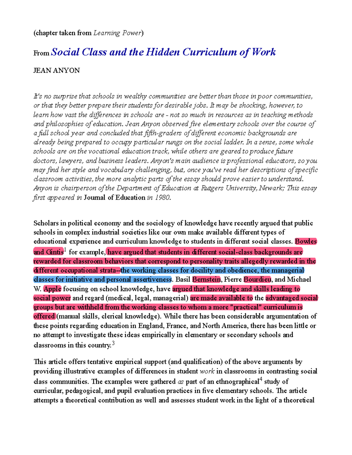 Social Class and the Hidden Curriculum of Work - It may be shocking ...