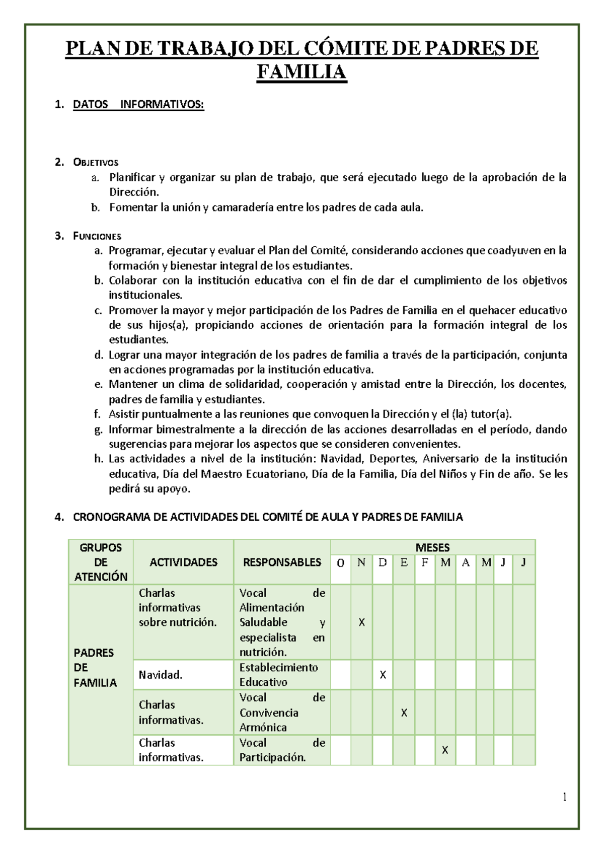 Plan de trabajo del comite de padres de familia - 1 PLAN DE TRABAJO DEL CÓMITE DE PADRES DE ...