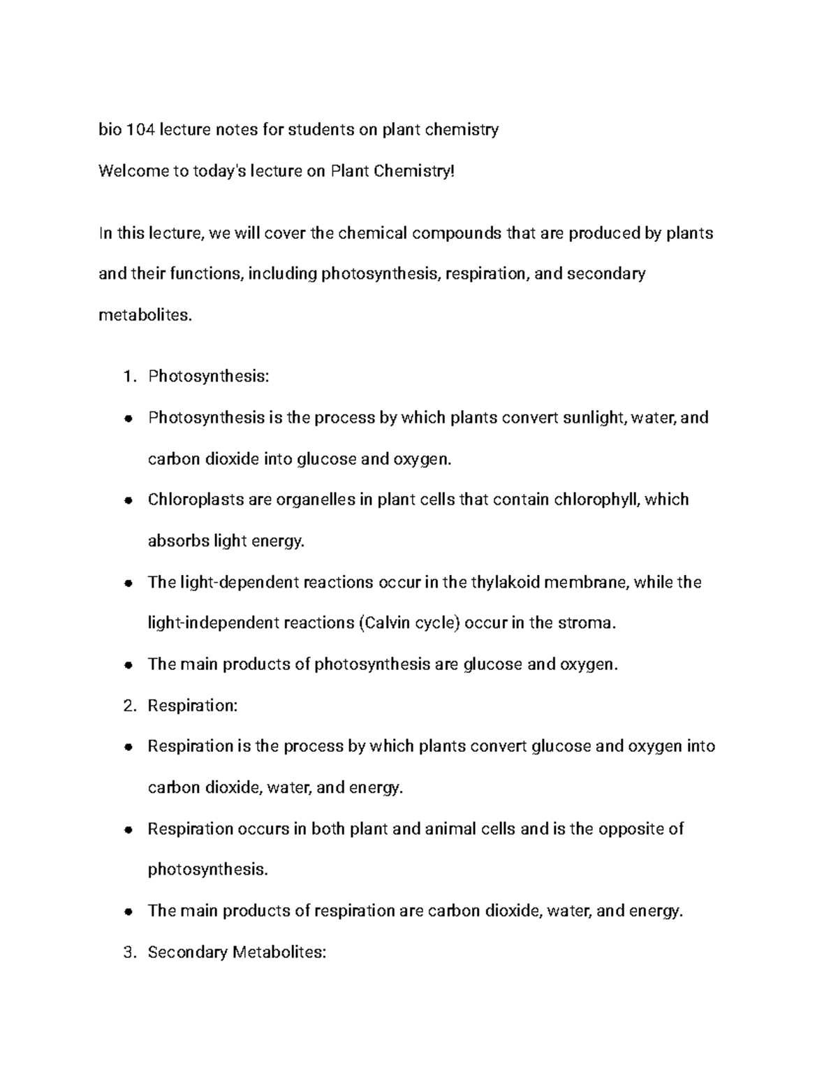 Bio 104 lecture notes for students on plant chemistry - bio 104 lecture ...