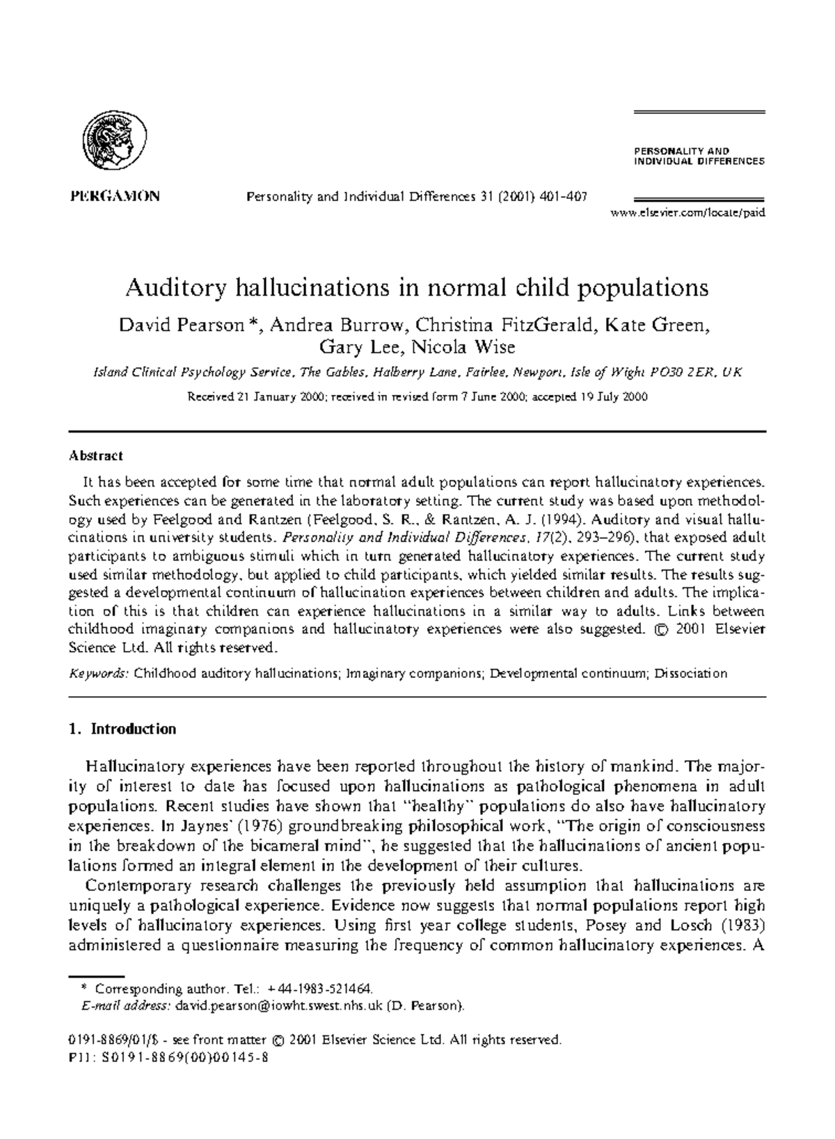 Pearson 2001 - Auditory hallucinations in normal child populations ...