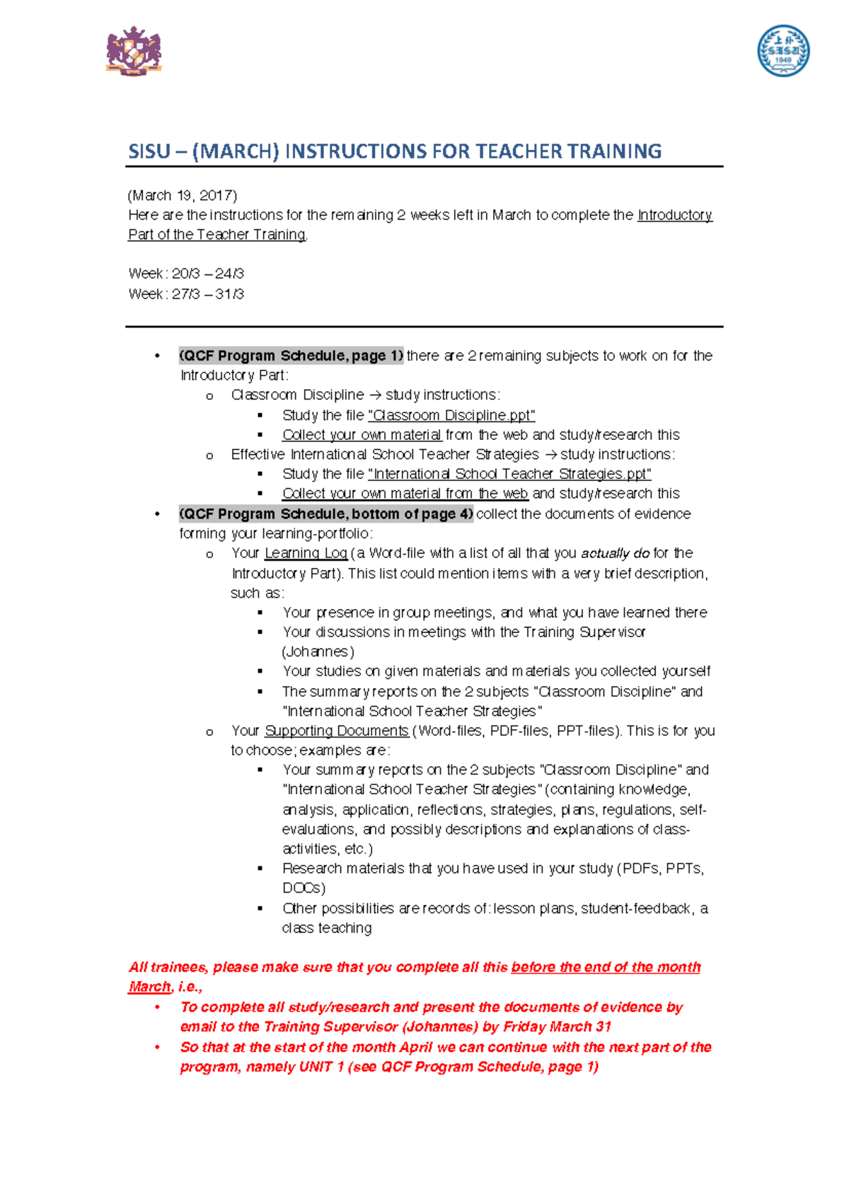 1.SISU – Instructions March - SISU – ( MARCH) INSTRUCTIONS FOR TEACHER ...
