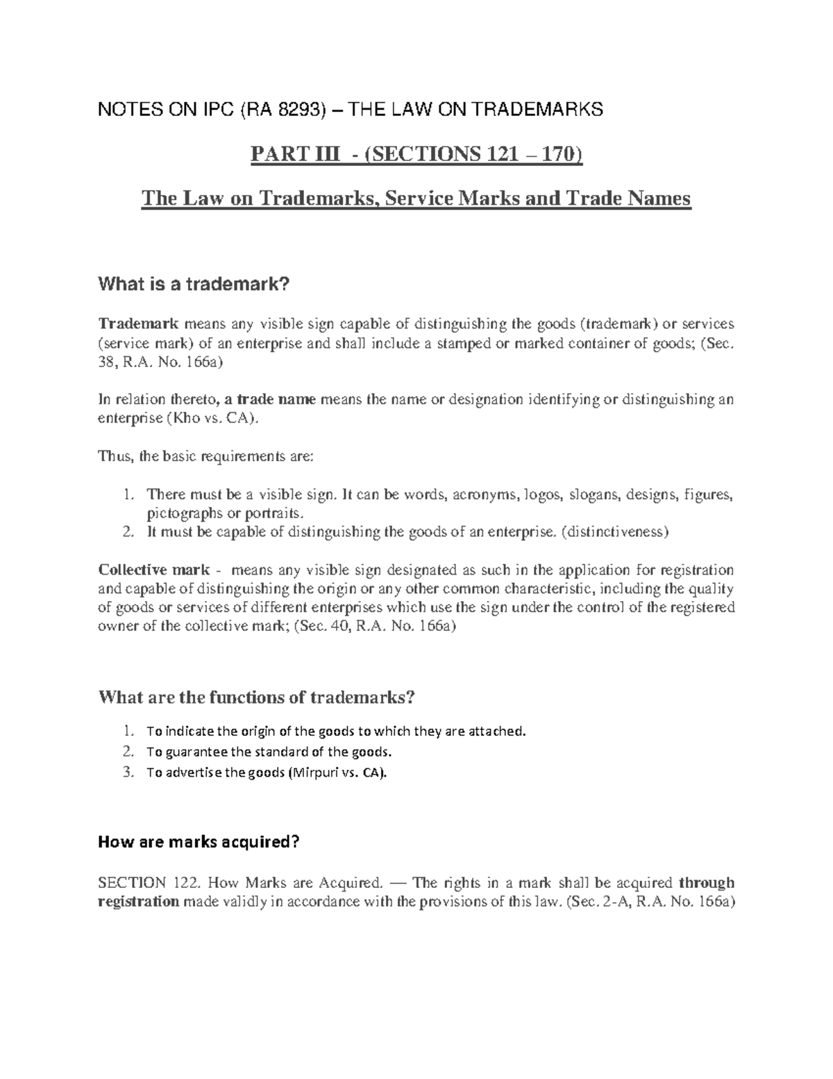 Notes ON IPC (RA 8293)- THE LAW ON Trademarks - NOTES ON IPC (RA 8293 ...