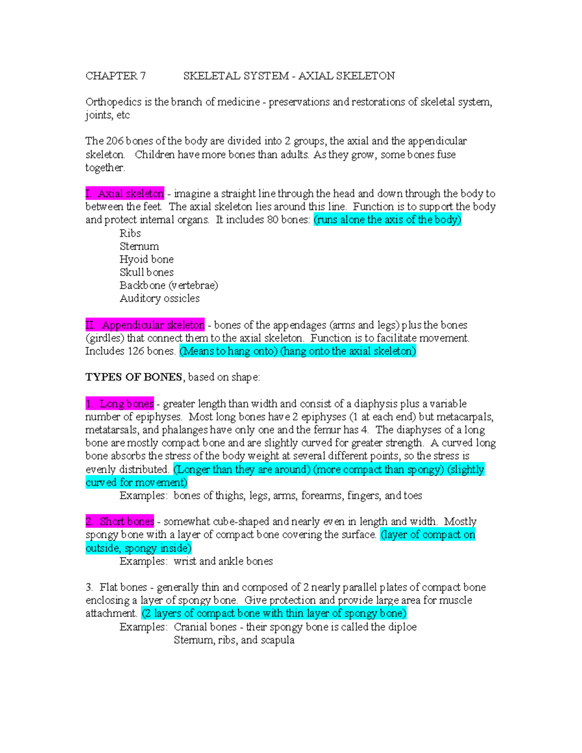 Chapter 7 Skeletal System - CHAPTER 7 SKELETAL SYSTEM - AXIAL SKELETON ...