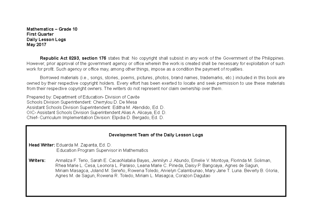 Prelim - Lesson Log for Grade 10 Mathematics in Quarter 1. It will help ...
