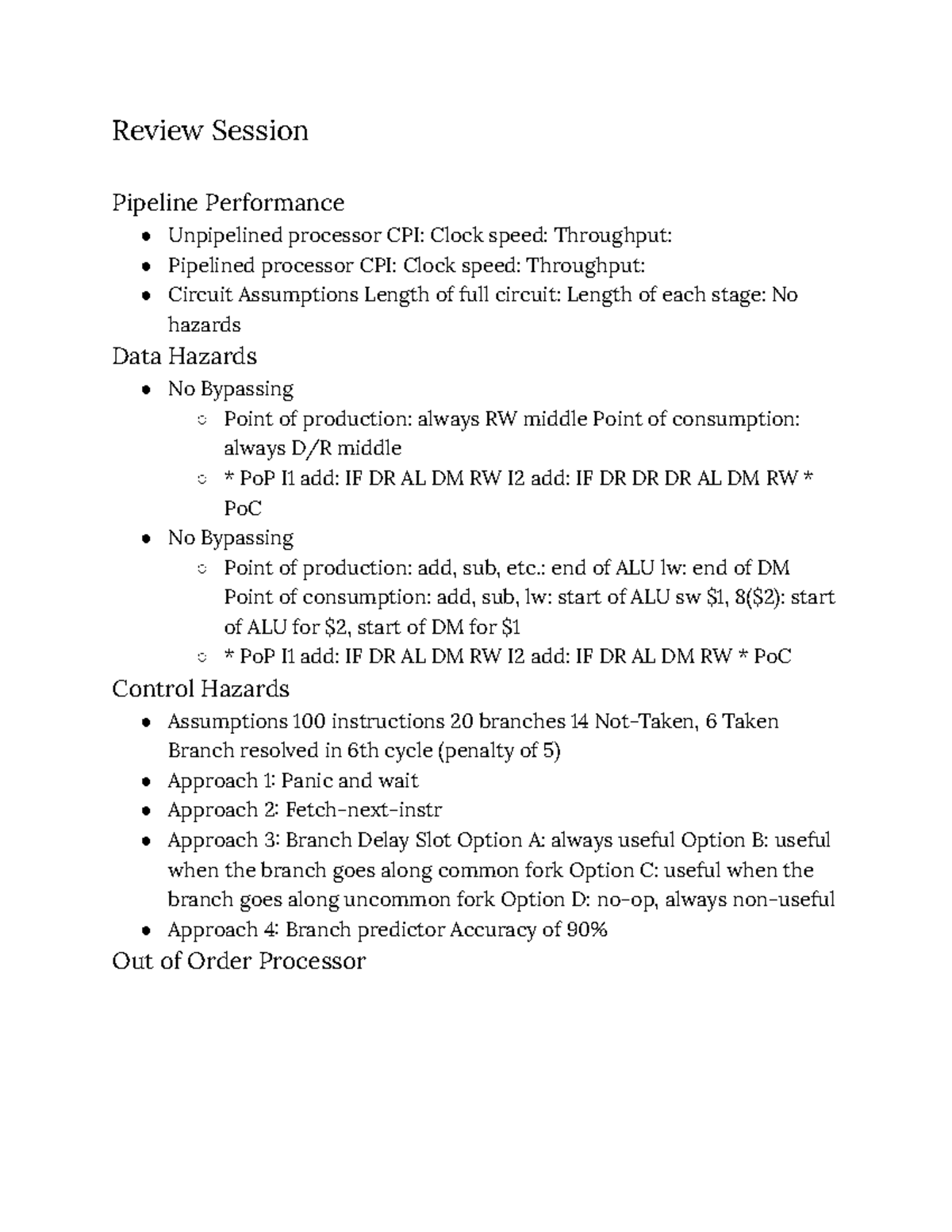 Cs Ece 3810 Lecture Notes Class 28 Review Session Pipeline Performance Unpipelined Processor