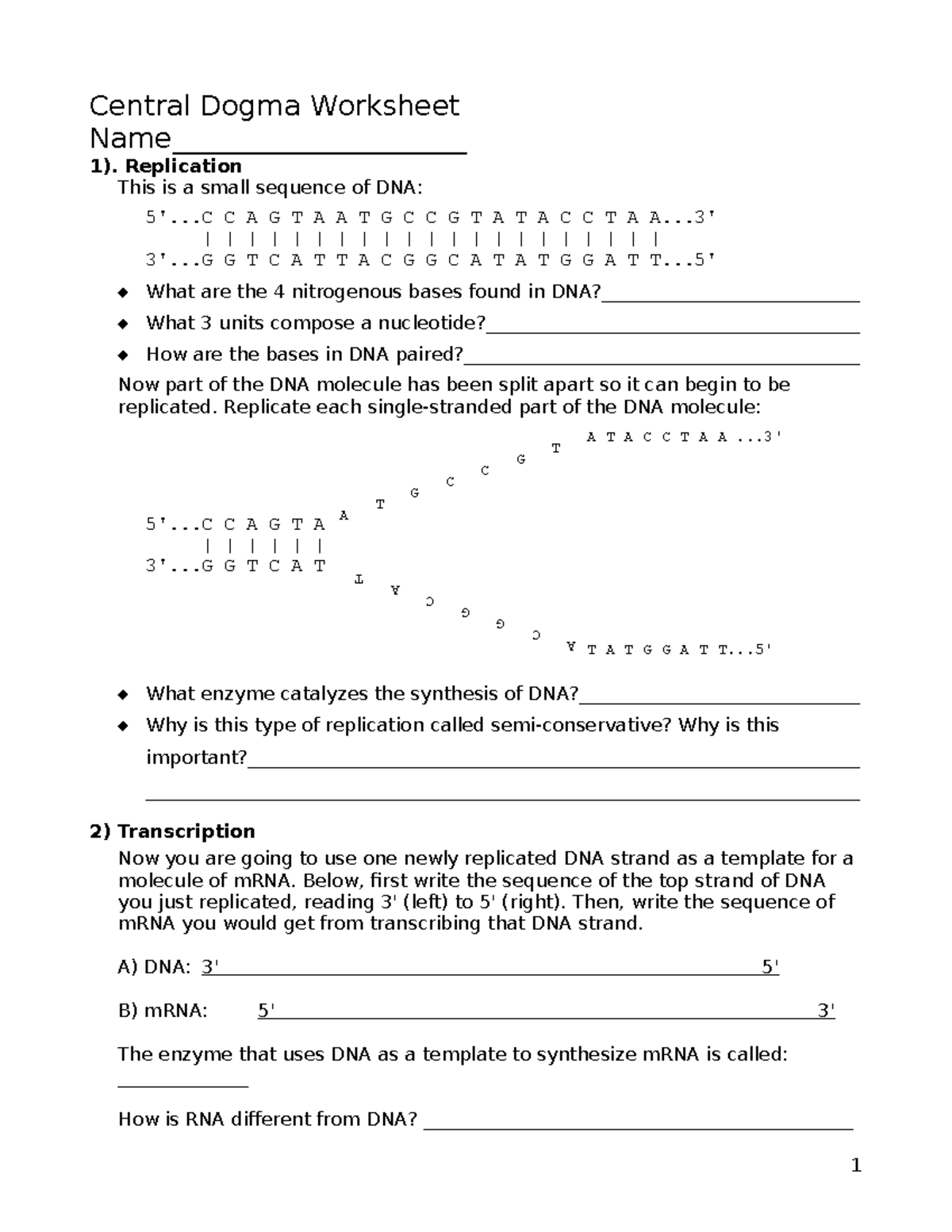 Central Dogma Worksheet - Central Dogma Worksheet Name ...