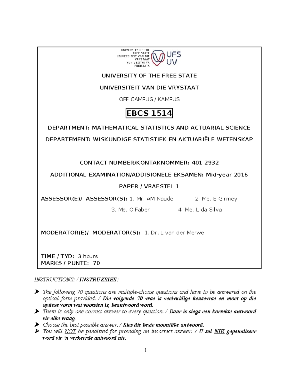 EBCS 1514 Main memo 2 de geleentheid - INSTRUCTIONS: / INSTRUKSIES: The ...