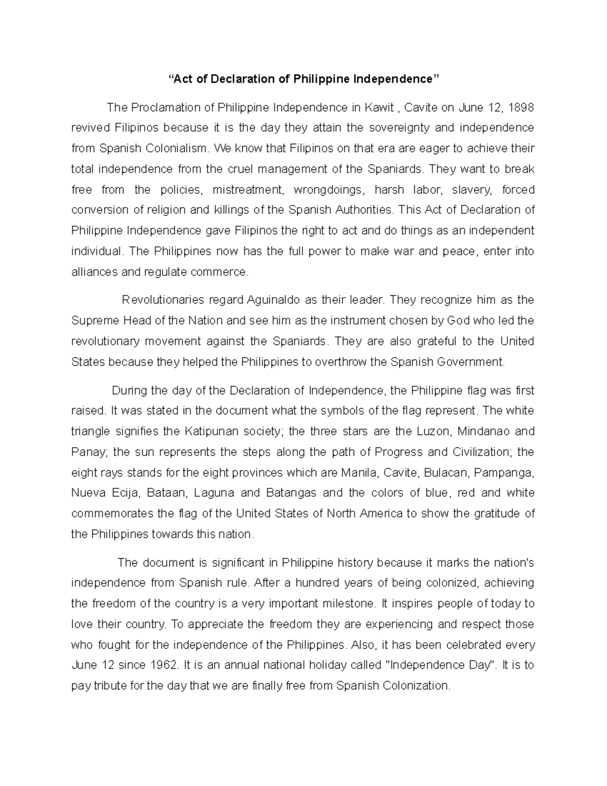Critique Paper - Act of Declaration of Philippine Independence - “Act ...