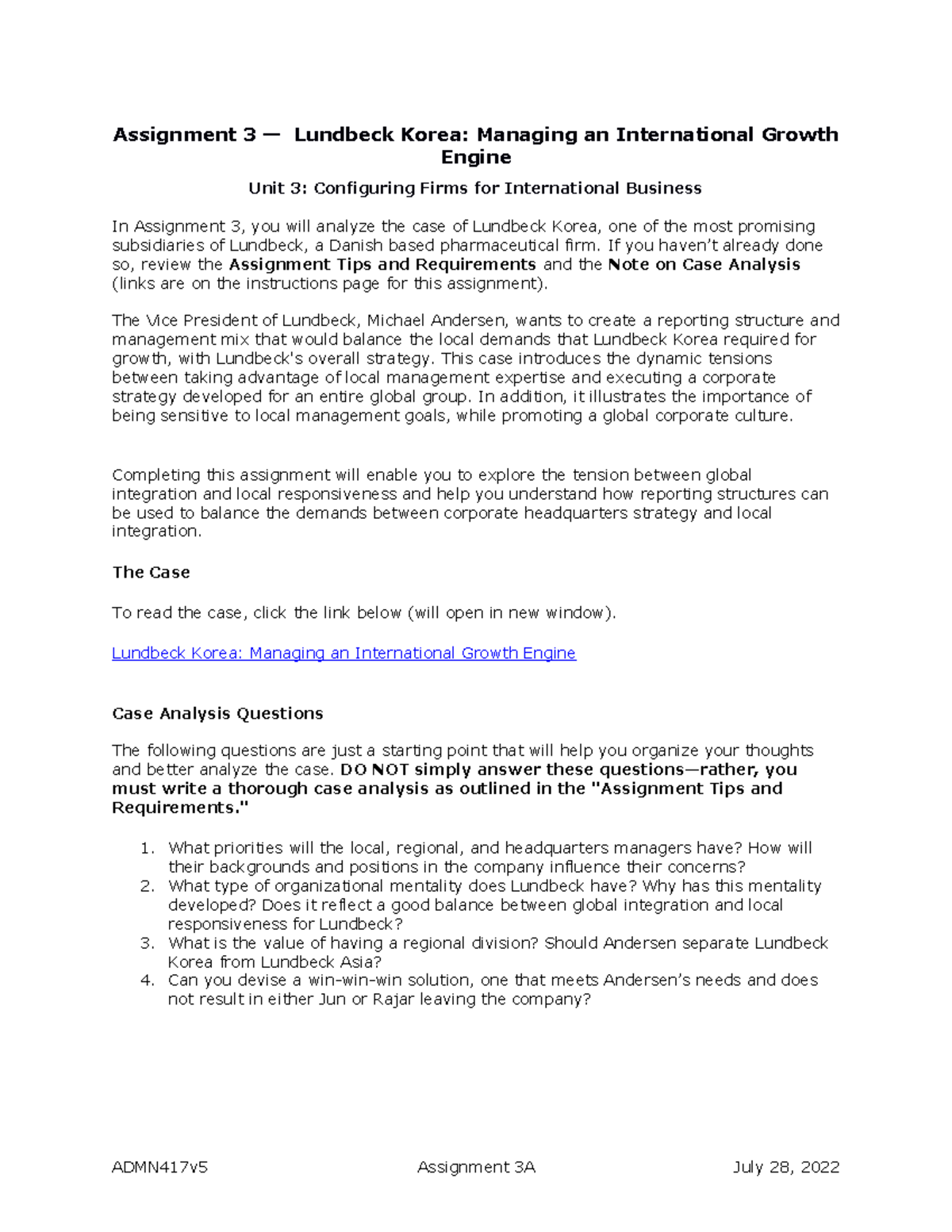 ADMN417v5 Assignment 3A - Assignment 3 — Lundbeck Korea: Managing an ...