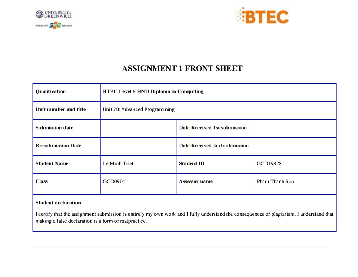 Asm - programing - ASSIGNMENT 1 FRONT SHEET Qualification BTEC Level 5 HND Diploma in Computing ...