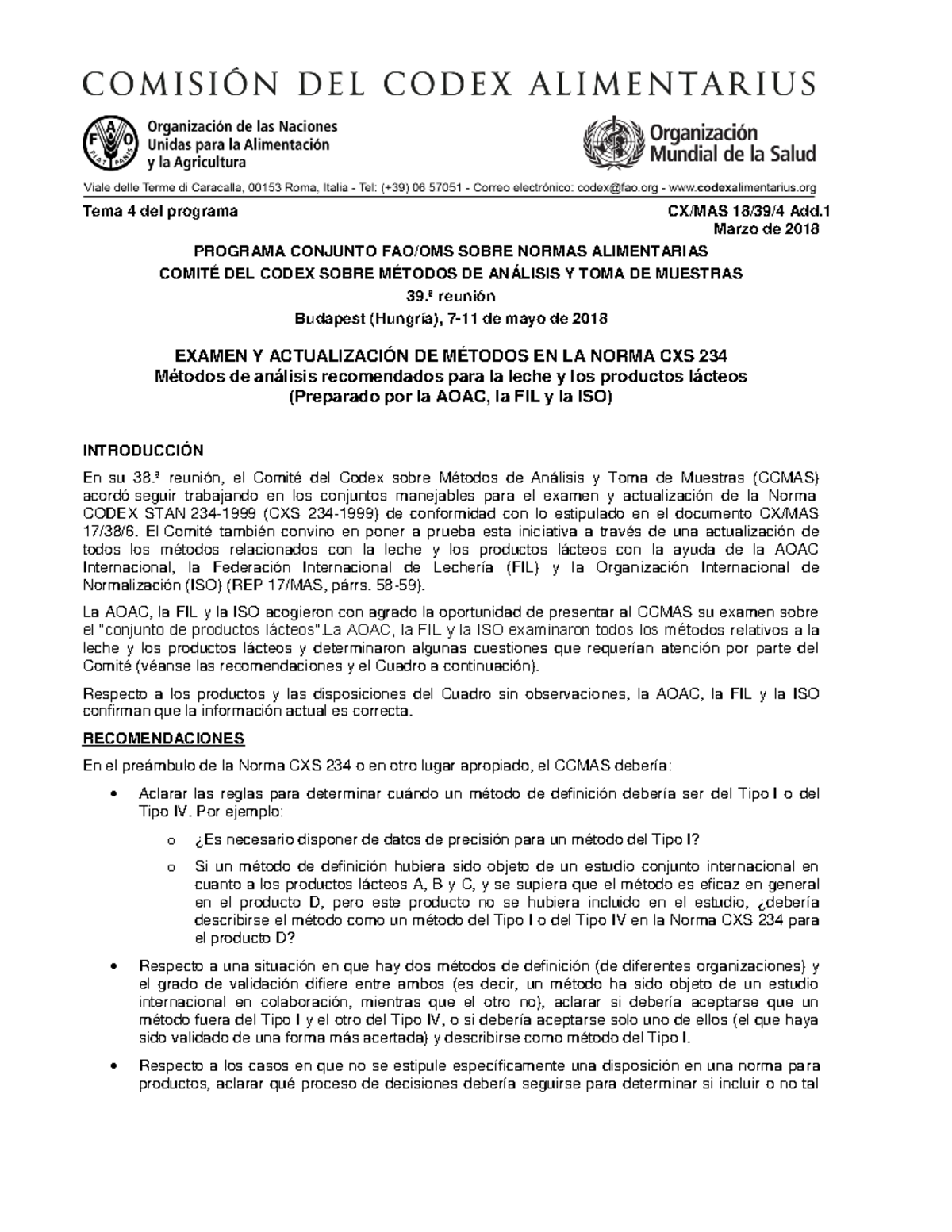 Muestreo codex alimentarius - Tema 4 del programa CX/MAS 18/39/4 Add. Marzo de 2018 PROGRAMA ...