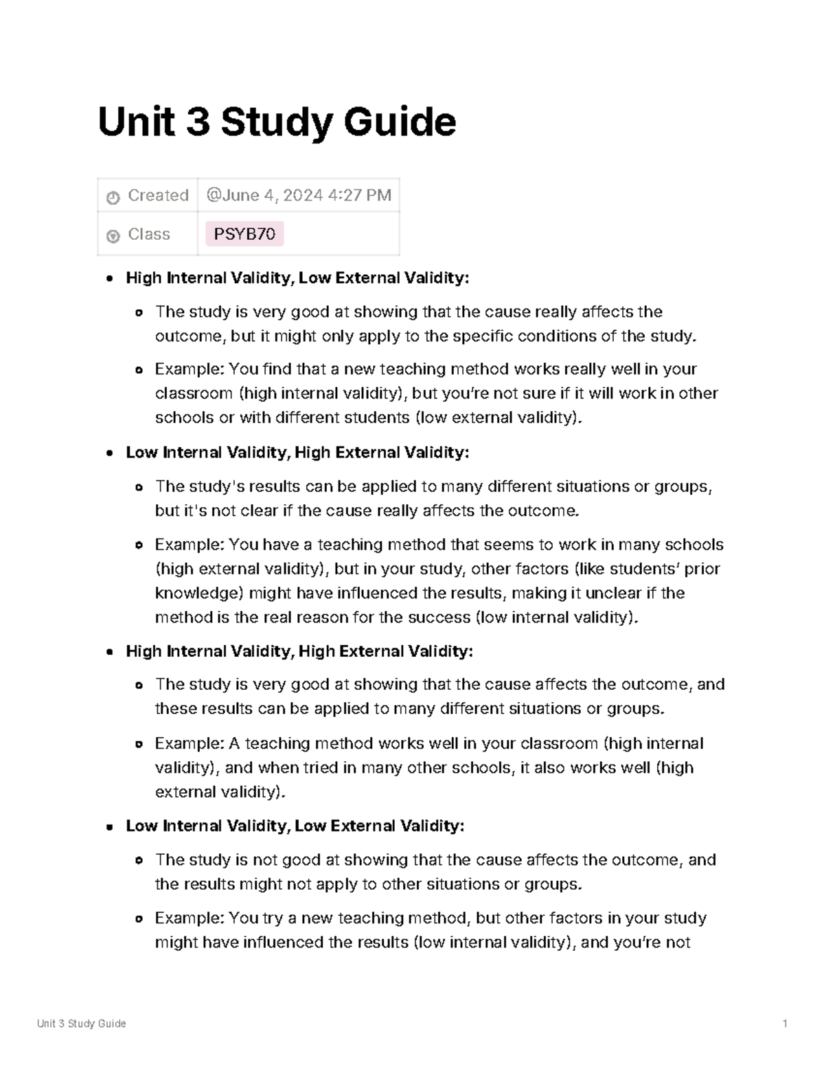external and internal validity - Unit 3 Study Guide 1 Unit 3 Study Guide Created Class PSYB High ...