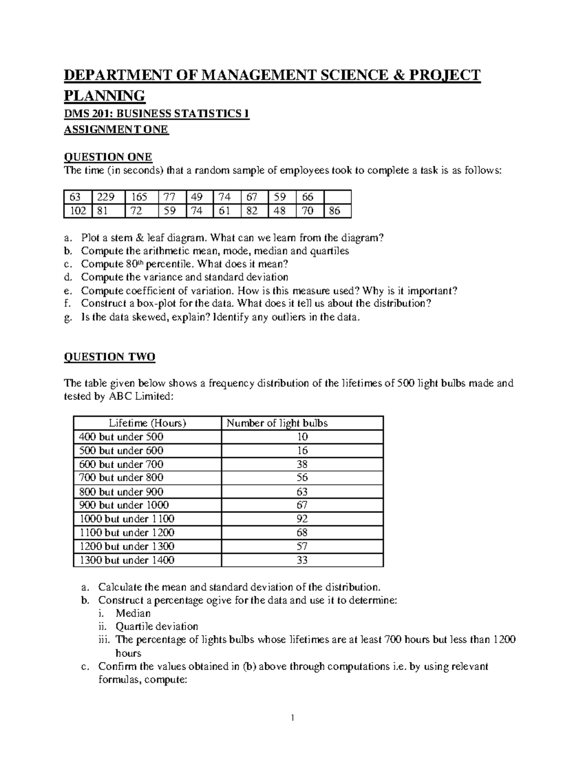 DMS 201 - Assignmnet ONE - 1 DEPARTMENT OF MANAGEMENT SCIENCE & PROJECT ...